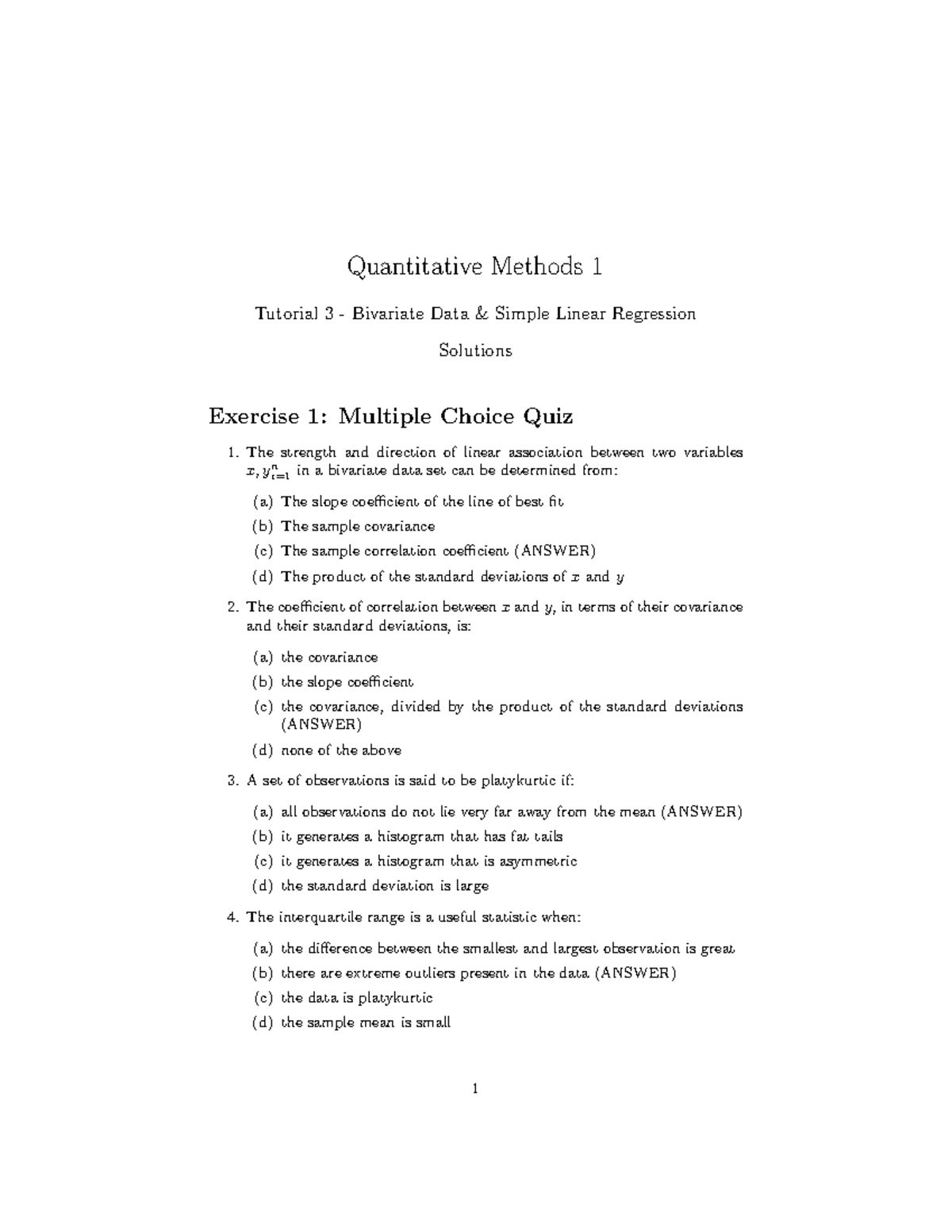 Tutorial Work 3 4 Tutorial With Solutions Quantitative Methods 1 Tutorial 3 Bivariate