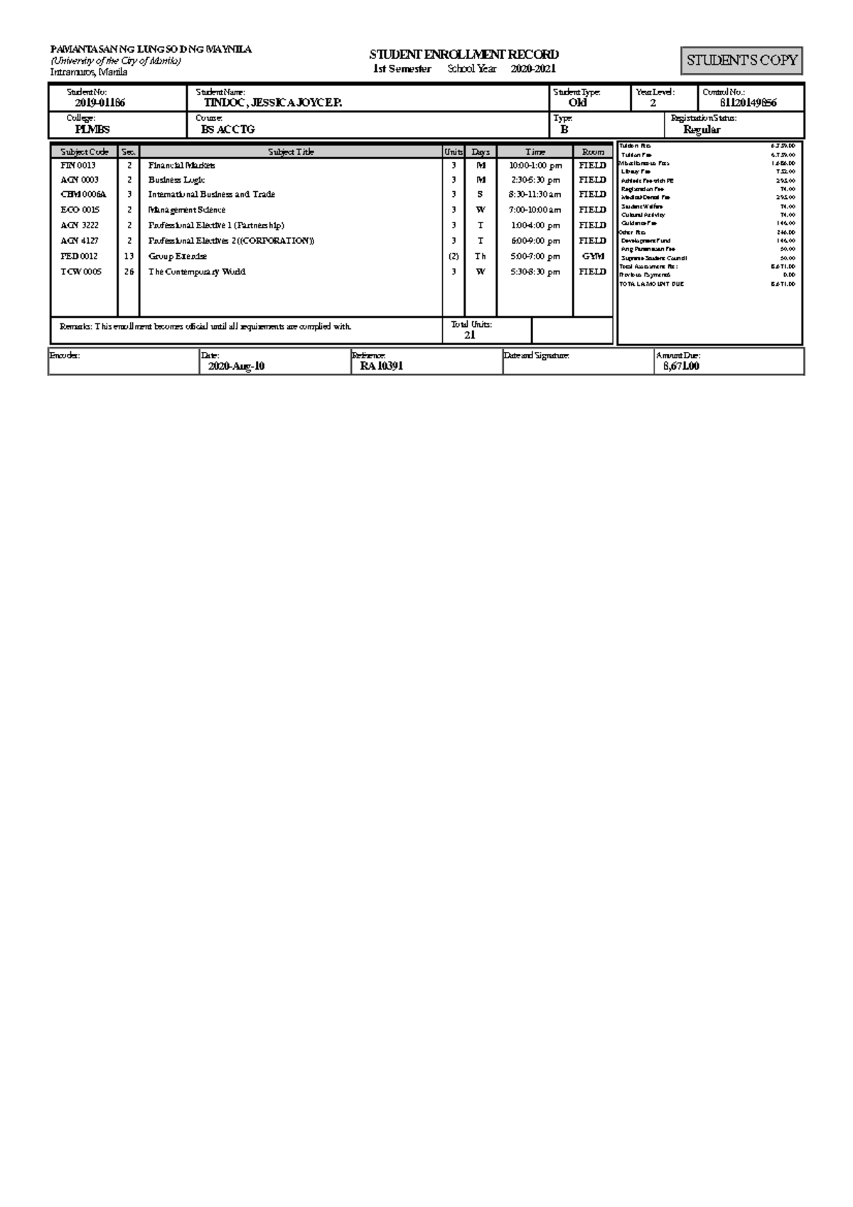 Registration form 2019 01186 20201 - PAMANTASAN NG LUNGSOD NG MAYNILA ...