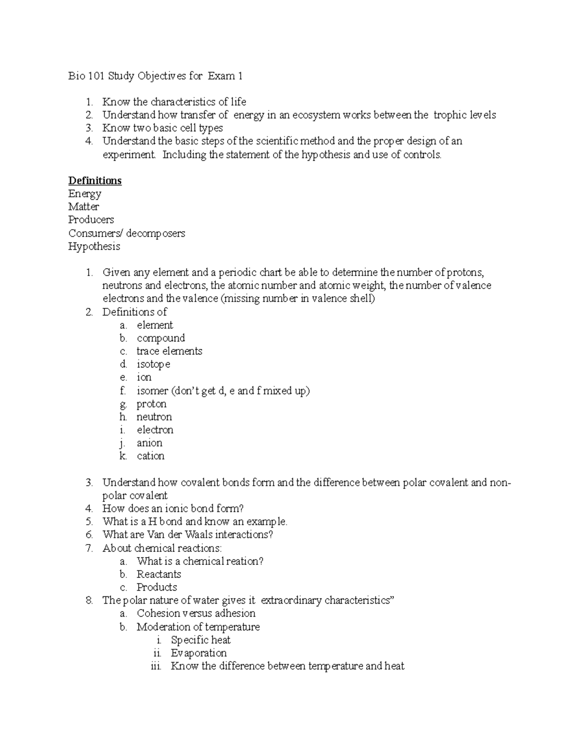 BIO 101 Study Review - Bio 101 Study Objectives for Exam 1 Know the ...