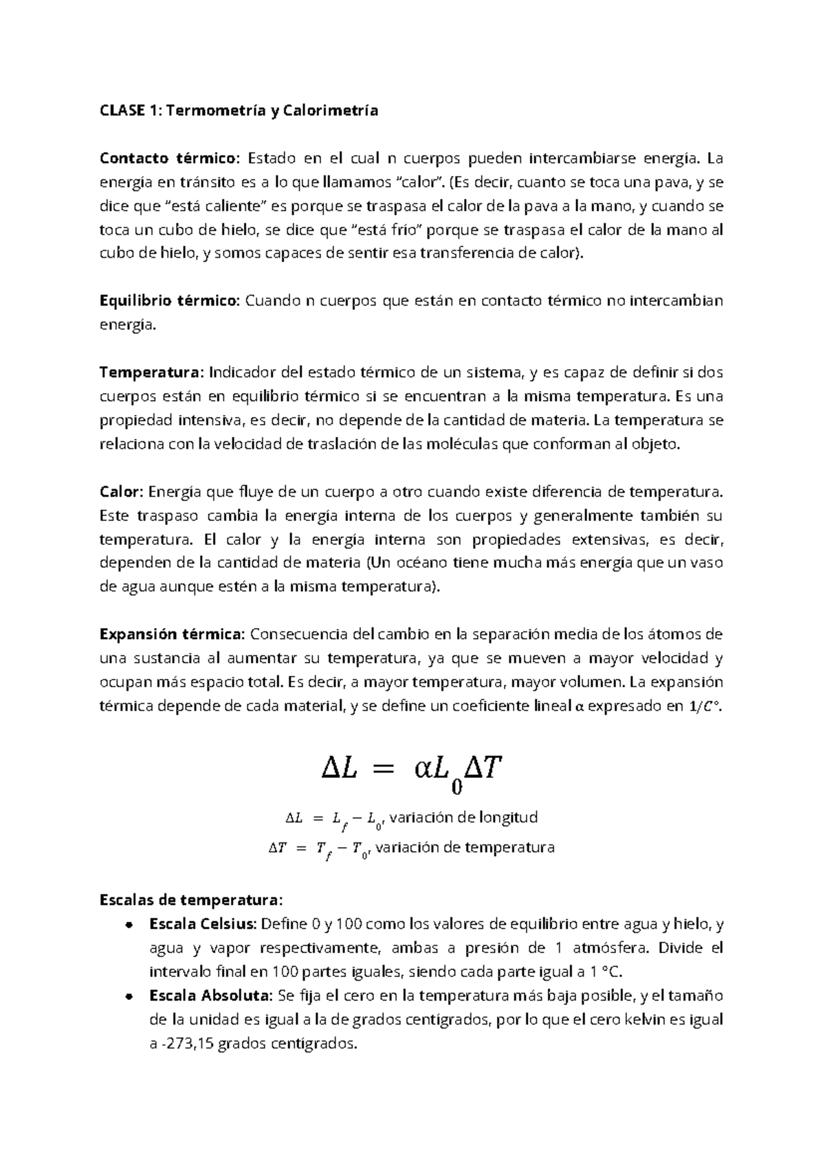 Resumen fisica 2 - CLASE 1: Termometría y Calorimetría Contacto térmico ...