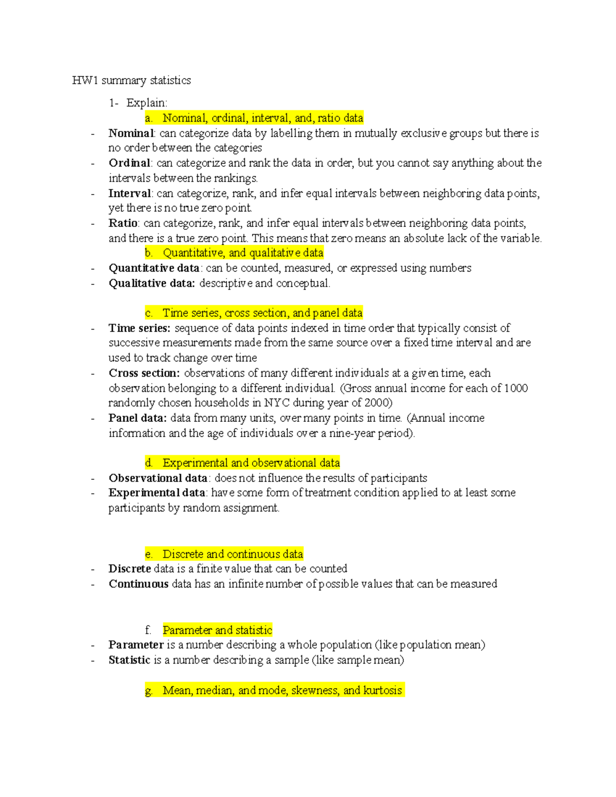 Hw1 2023 Hw Assignment Hw1 Summary Statistics 1 Explain A Nominal Ordinal Interval And