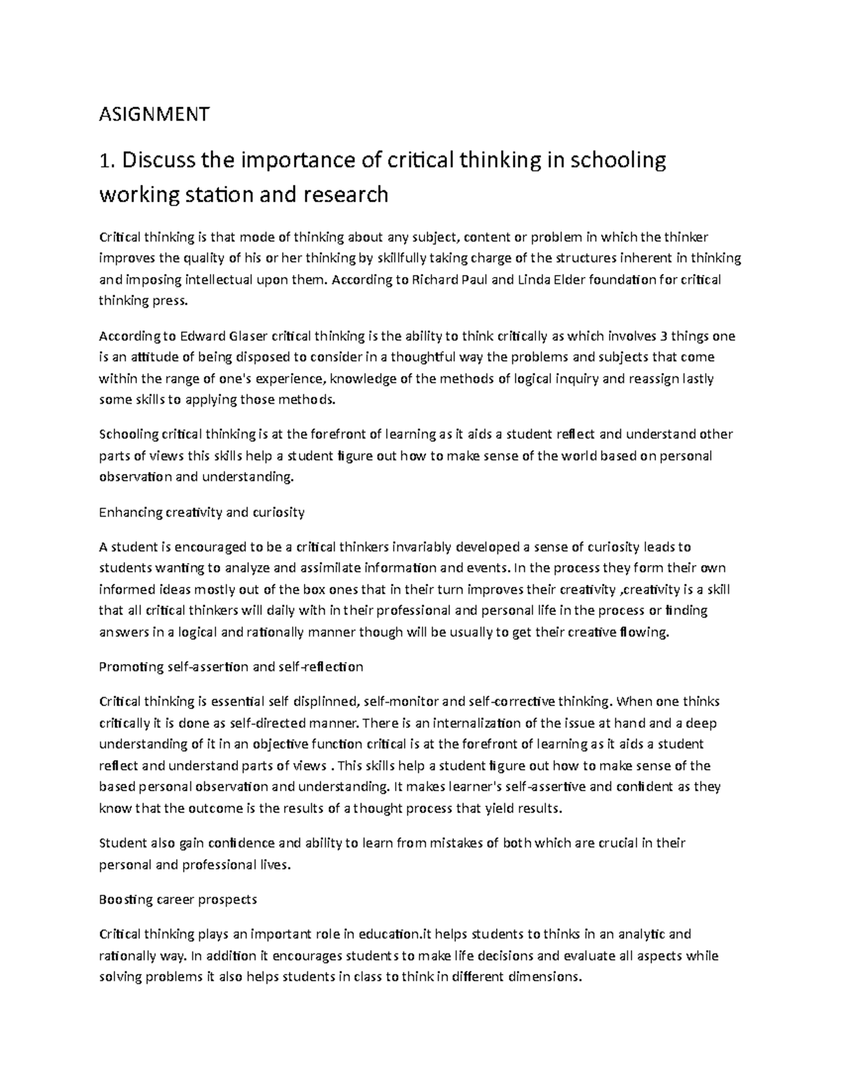 Asignment Introduction TO Critical Thinking - nursing - Studocu