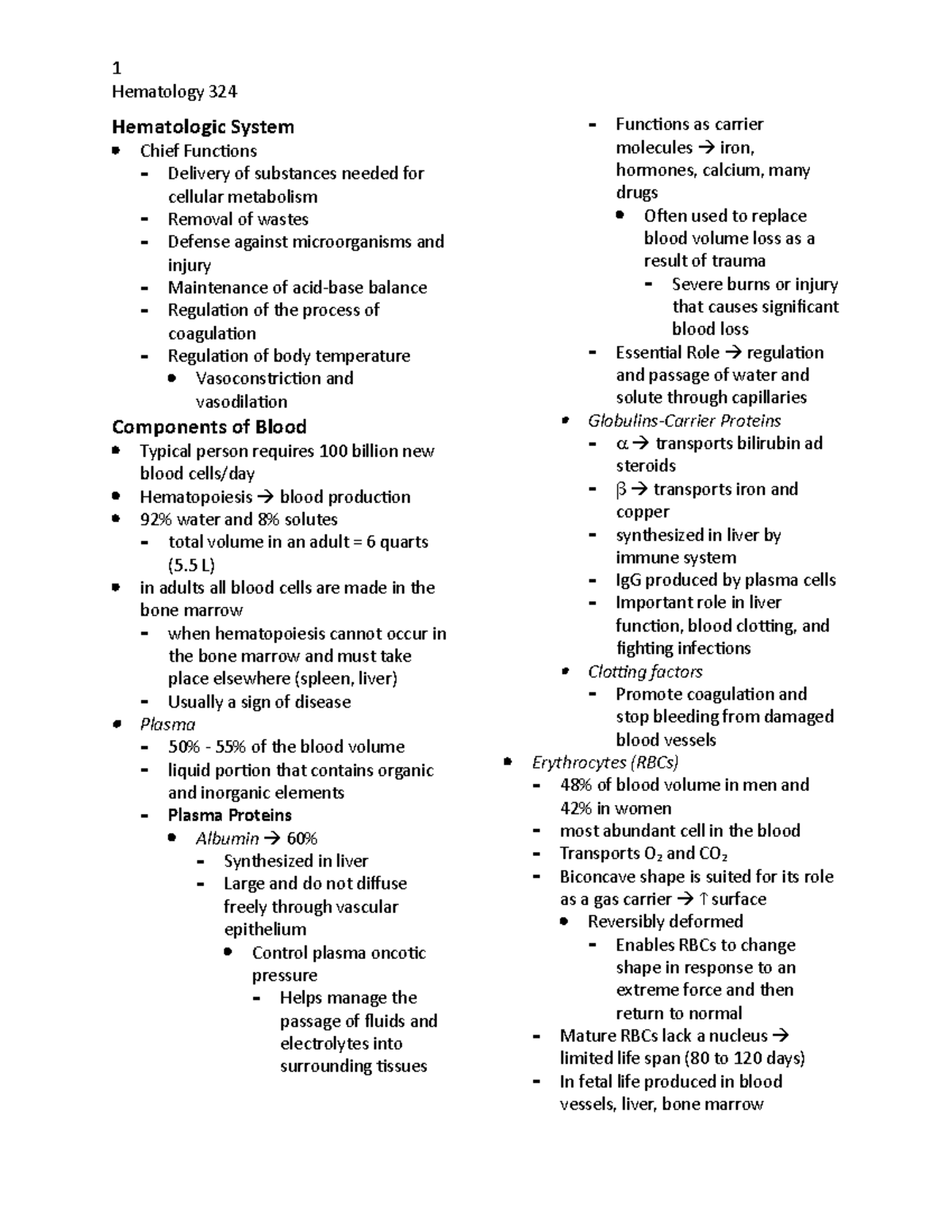 Notes Hematologic System - Hematology 324 Hematologic System Chief ...