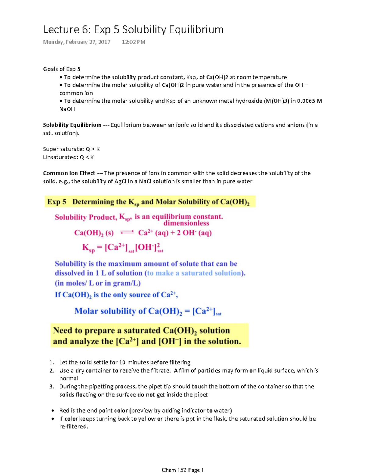 Lecture 6 Exp 5 Solubility Equilibrium - Lecture 6: Exp 5 Solubility ...