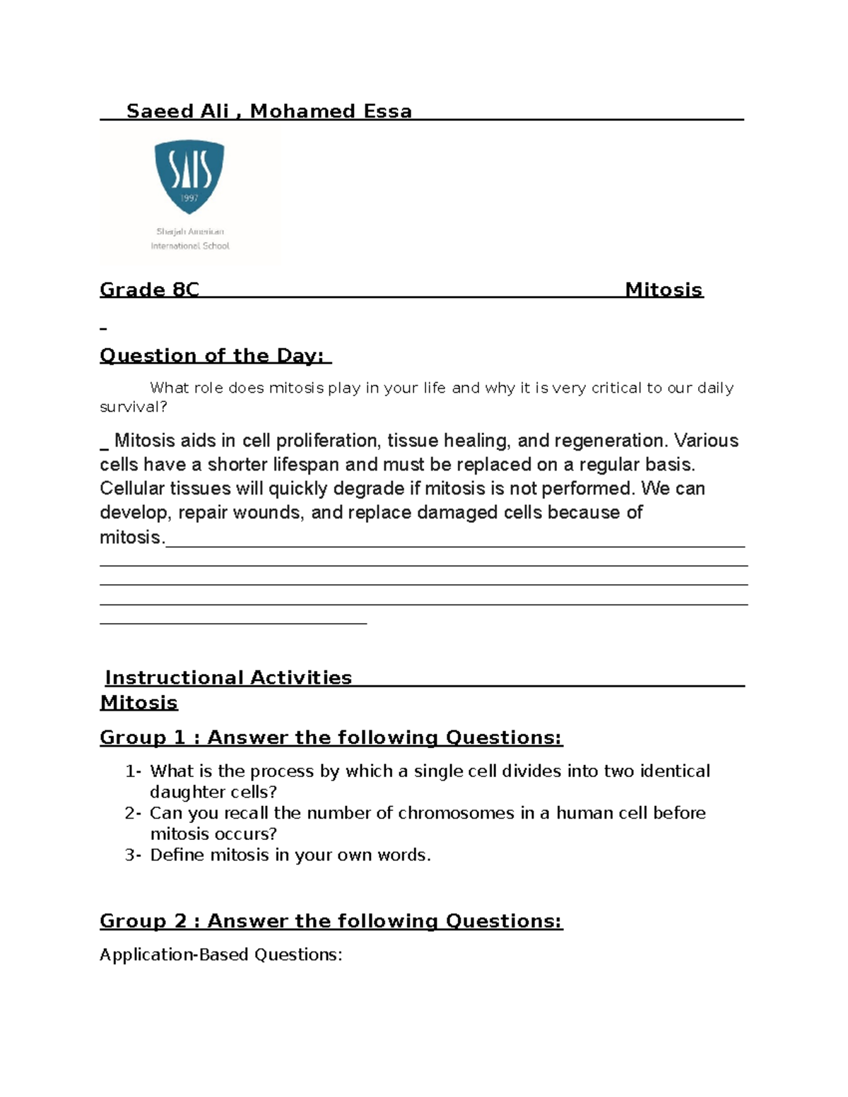 Instructional Activities-Mitosis Grade 8 LP1 - Saeed Ali , Mohamed Essa ...