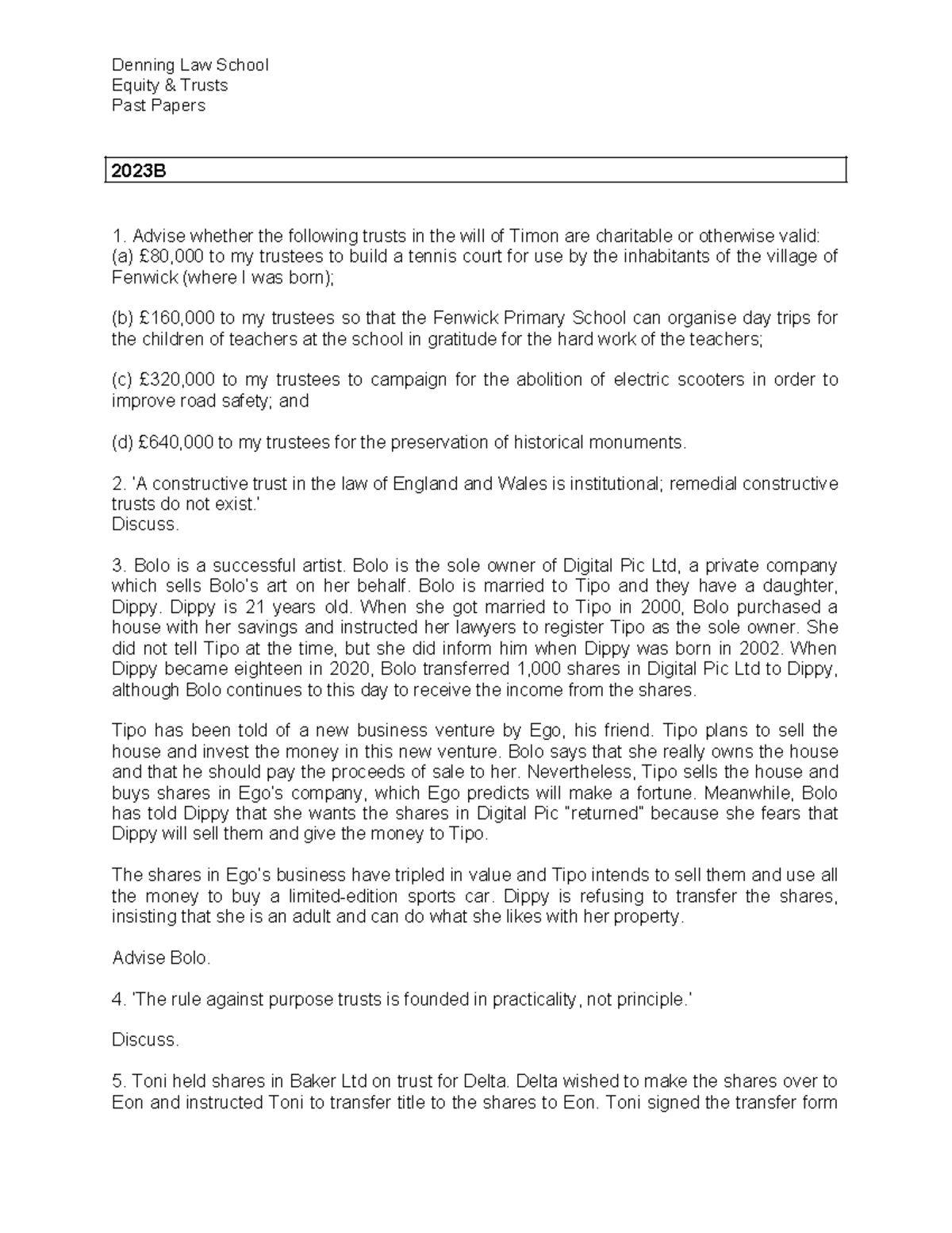 2023B - Past papers - Denning Law School Equity & Trusts Past Papers ...