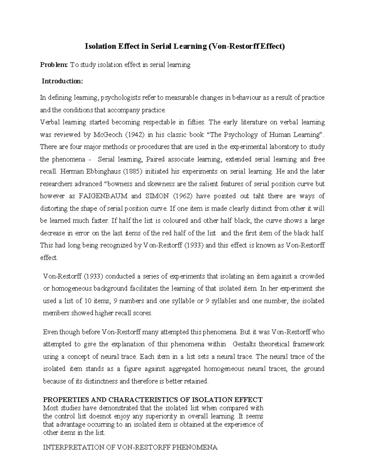 Isolation Effect in Serial Learning - Verbal learning started becoming ...