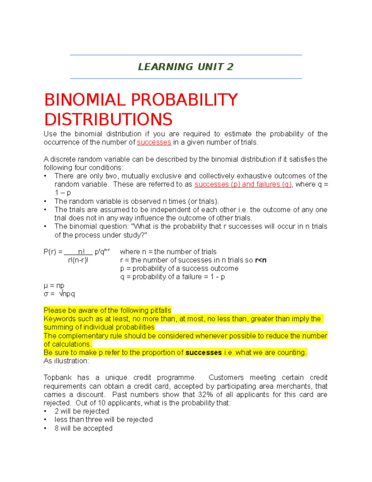 Learning UNIT 2 Probability Distributions - LEARNING UNIT 2 BINOMIAL PROBABILITY DISTRIBUTIONS ...