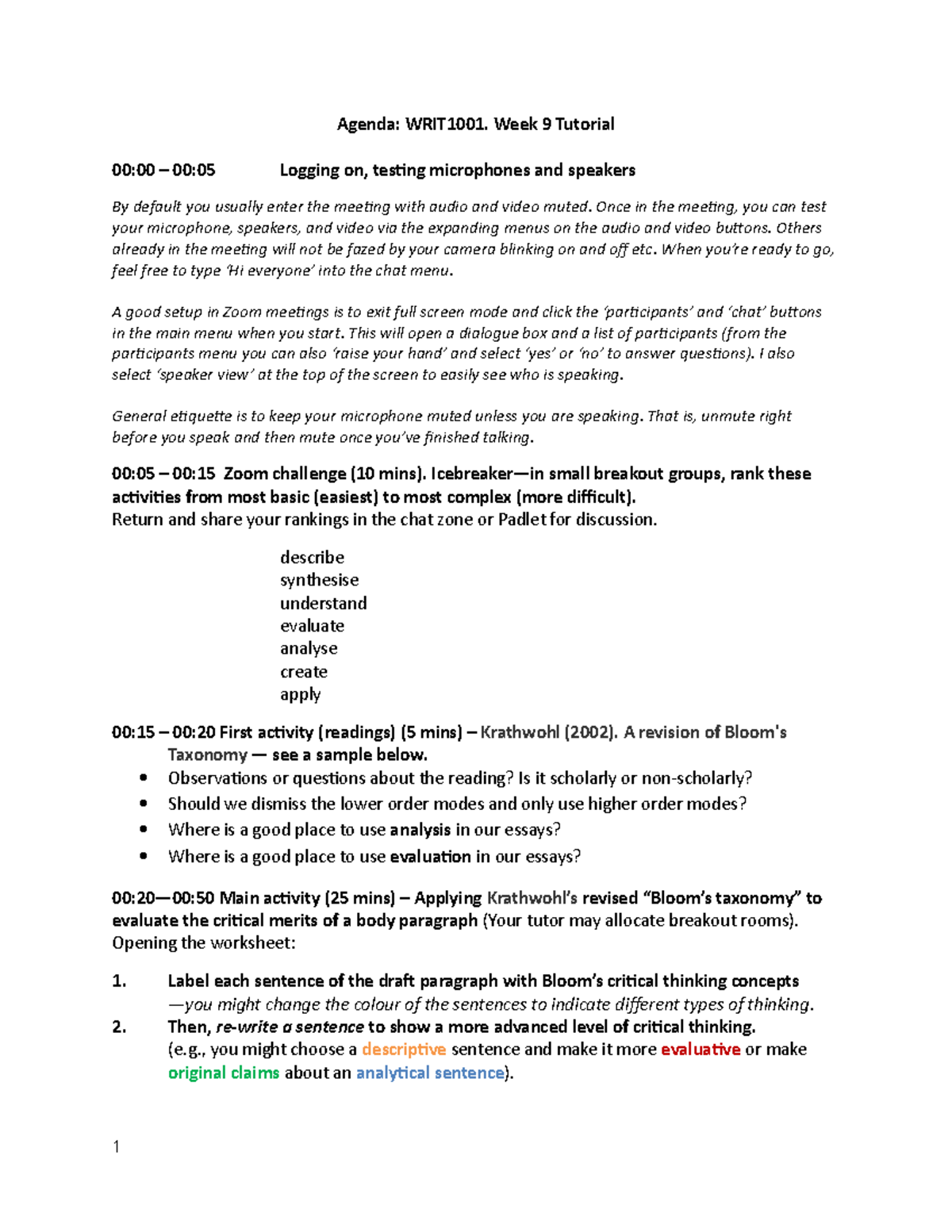 WRIT1001 Agenda Wk9 RE 2022s1 - Agenda: WRIT1001. Week 9 Tutorial 00:00 ...