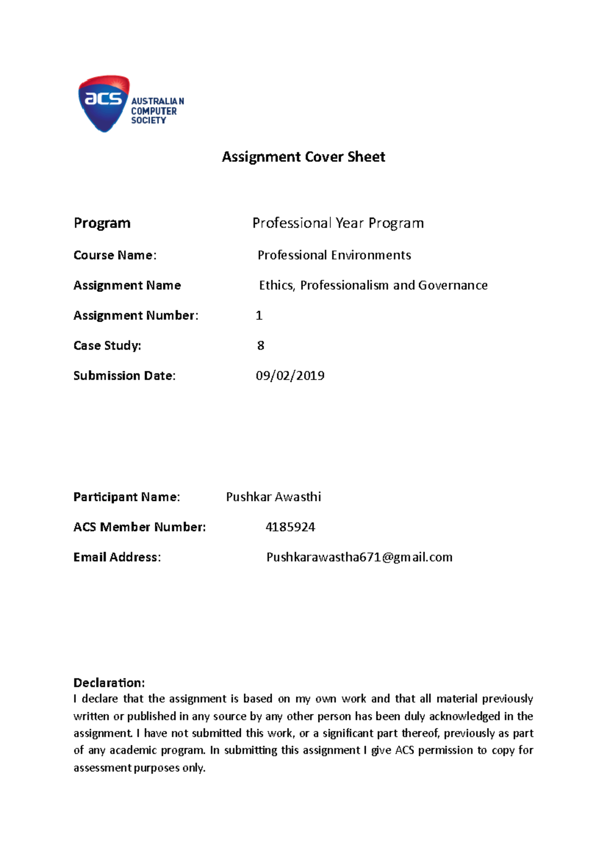 PE Assignment 1 Pushkar Awasthi - Assignment Cover Sheet Program ...