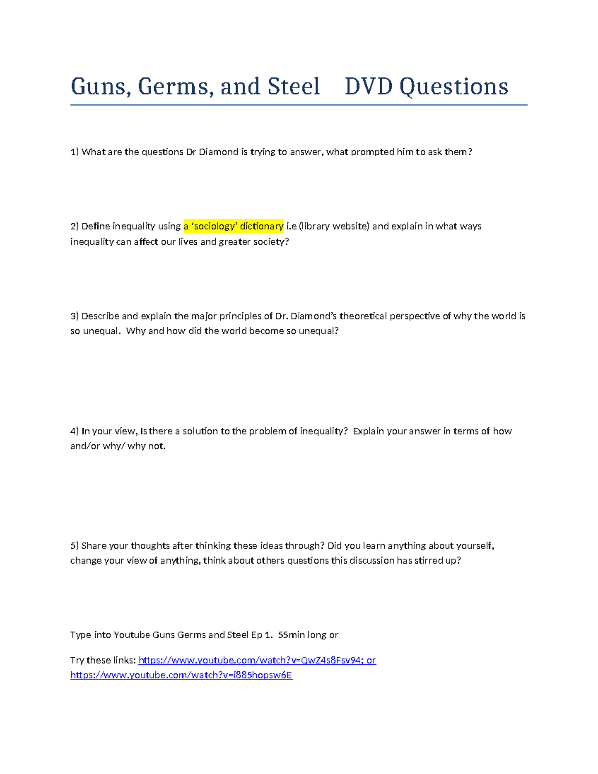 Updated GGS Film Review 2019 - Guns, Germs, and Steel DVD Questions 1 ...