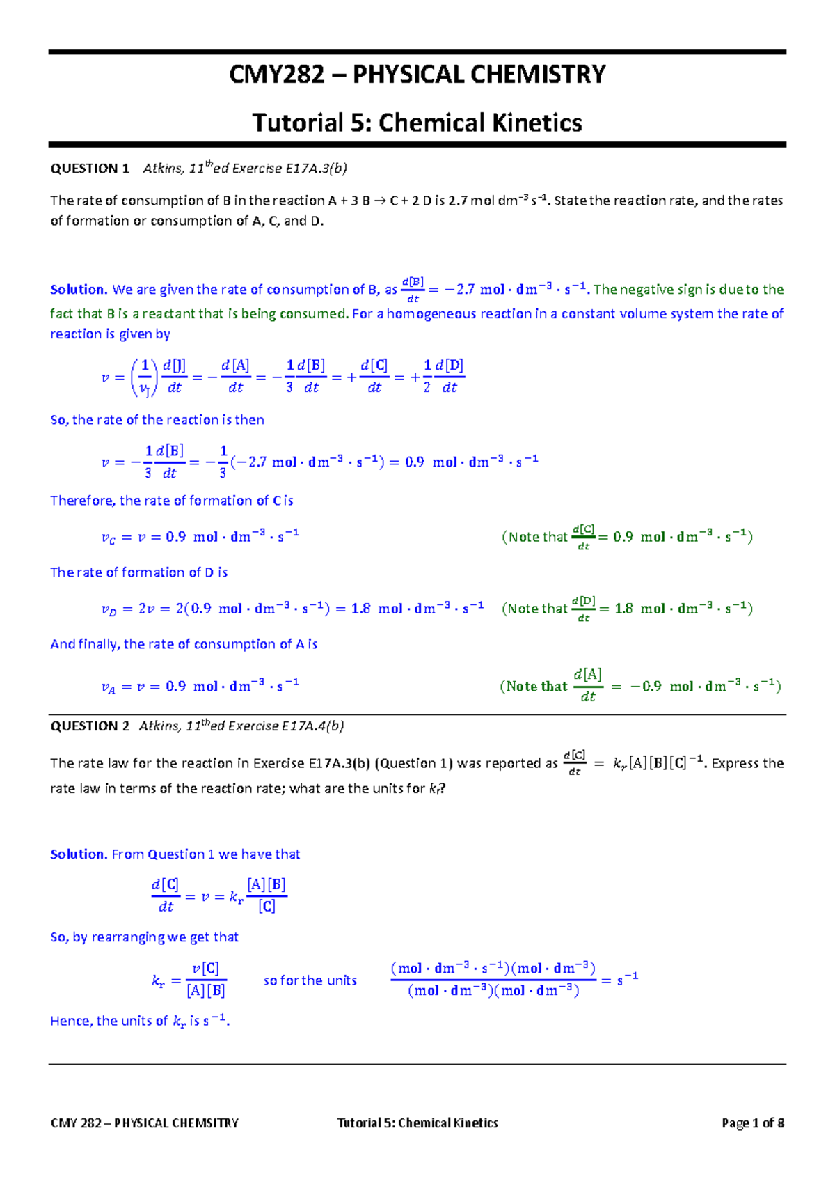 CMY 282 Tutorial 5 2024 MEMO - CMY282 – PHYSICAL CHEMISTRY Tutorial 5 ...