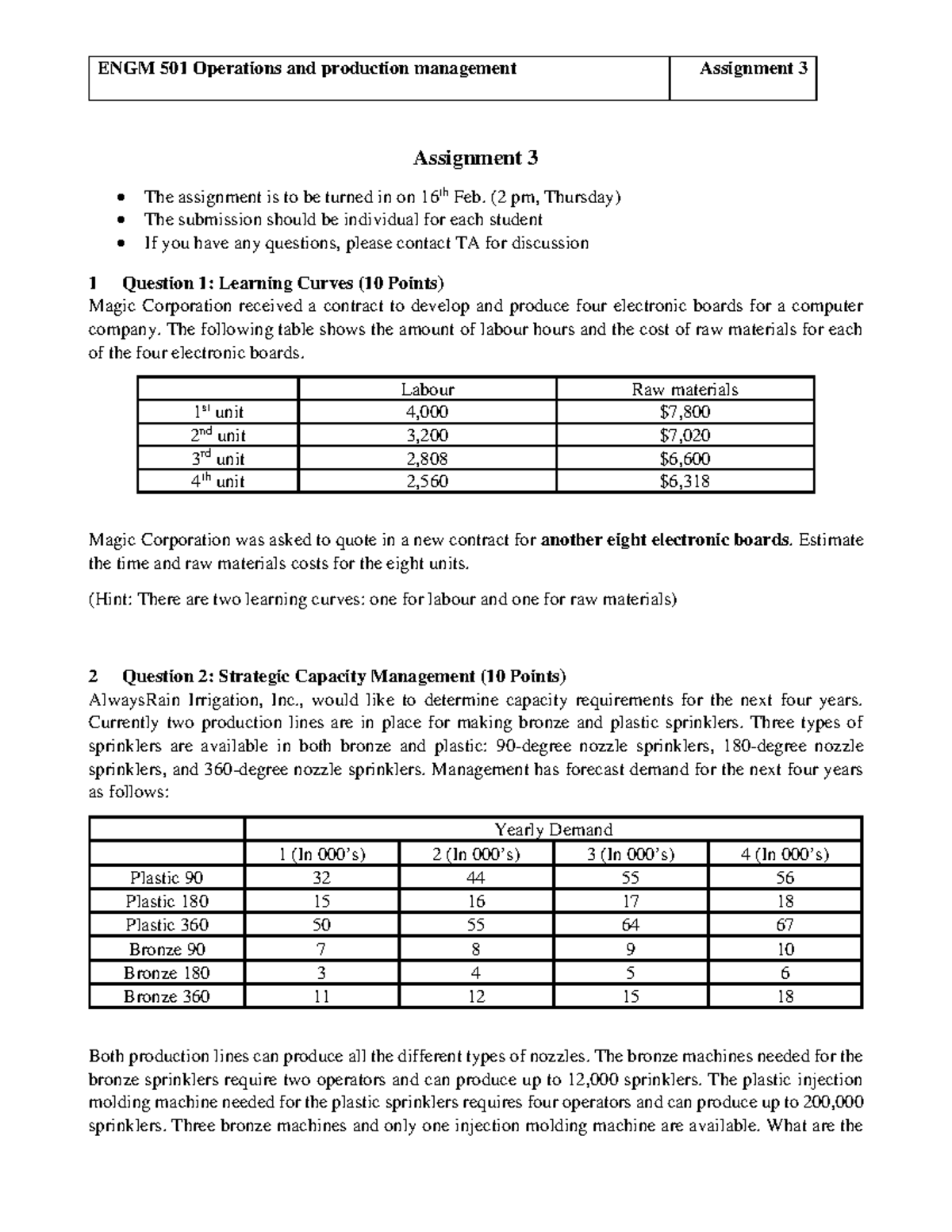 Assignment production - ENGM 501 Operations and production management ...