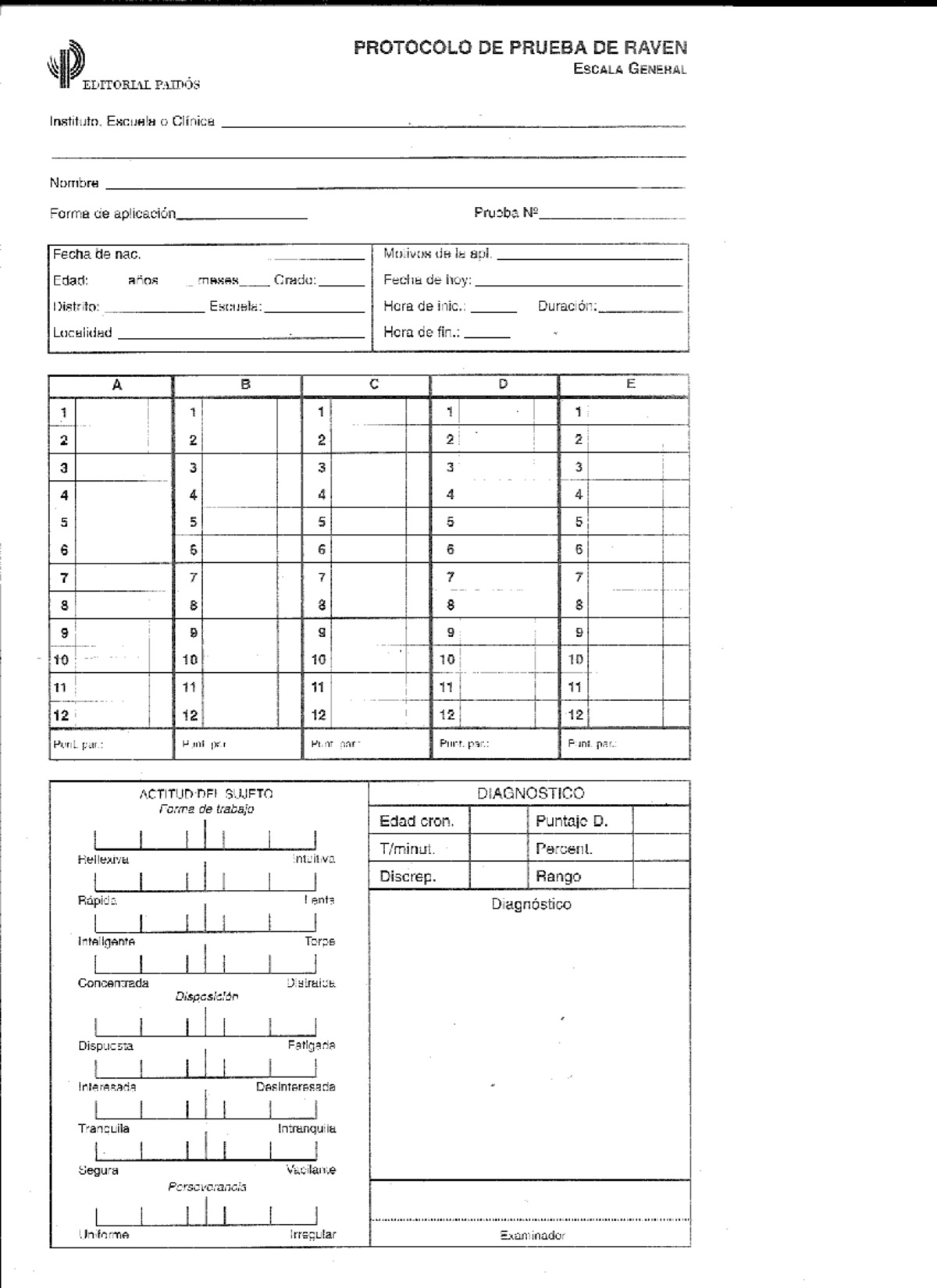 Raven hoja respuestas - aaaaaaaaaaaa - PROTOCOLO DE PRUEBA DE RAVEN ESCALA GENERAL EDITORIAL ...