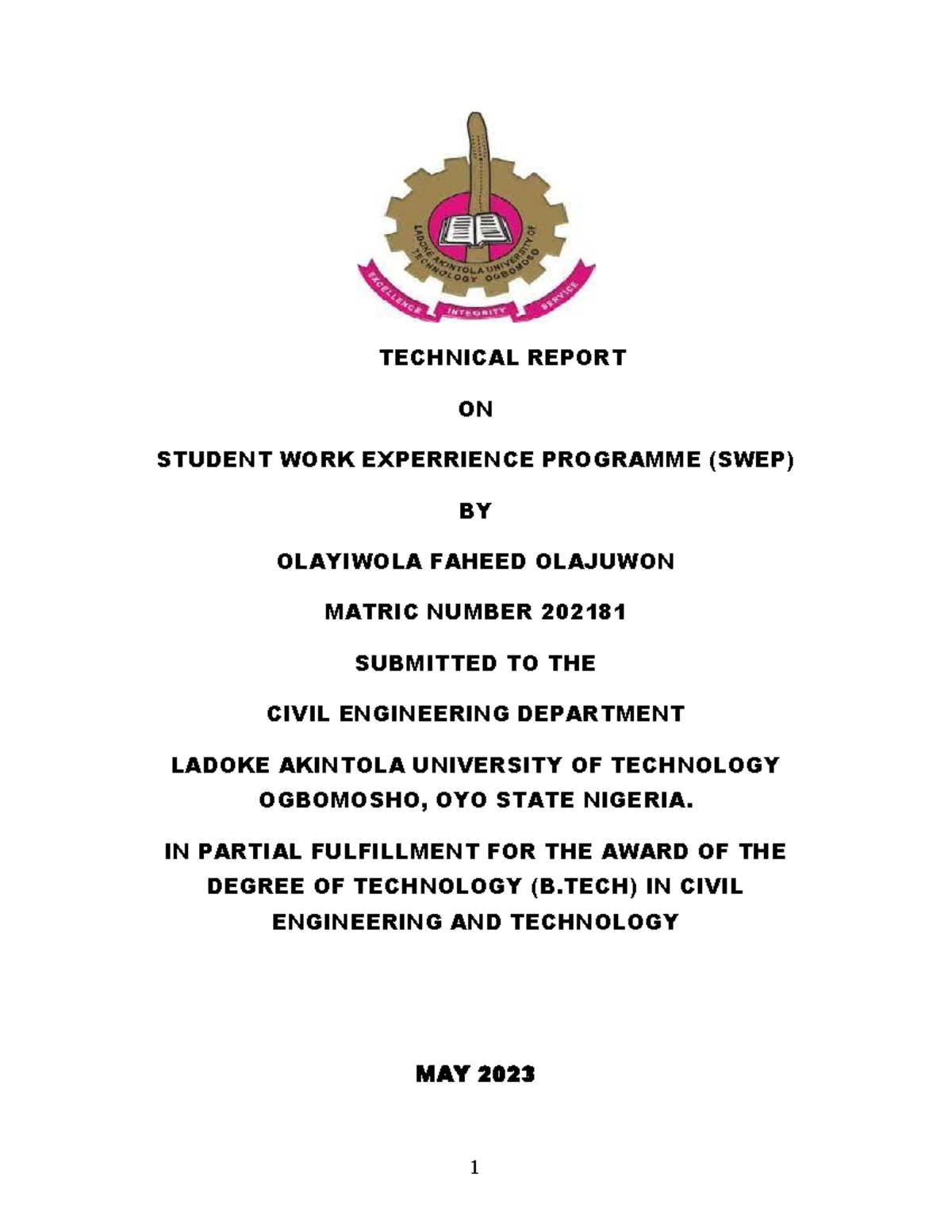 Engineering Report FOR SWEP Programme (Autosaved) - TECHNICAL REPORT ON ...