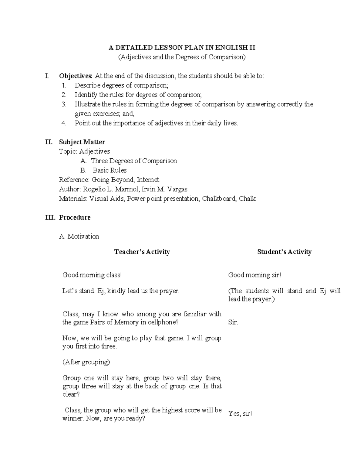 124724003 Lesson Plan in Degrees of Comparison - A DETAILED LESSON PLAN ...