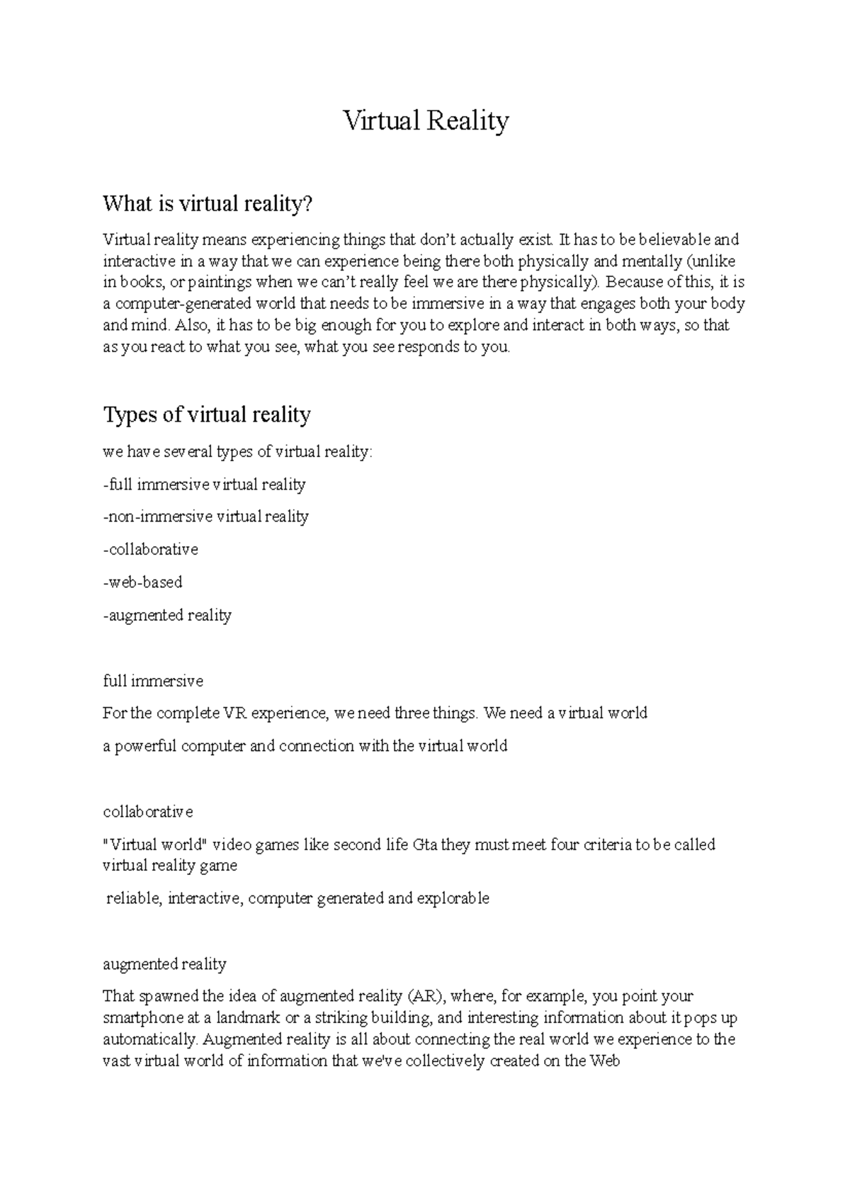 Virtual Reality - Virtual Reality What is virtual reality? Virtual ...
