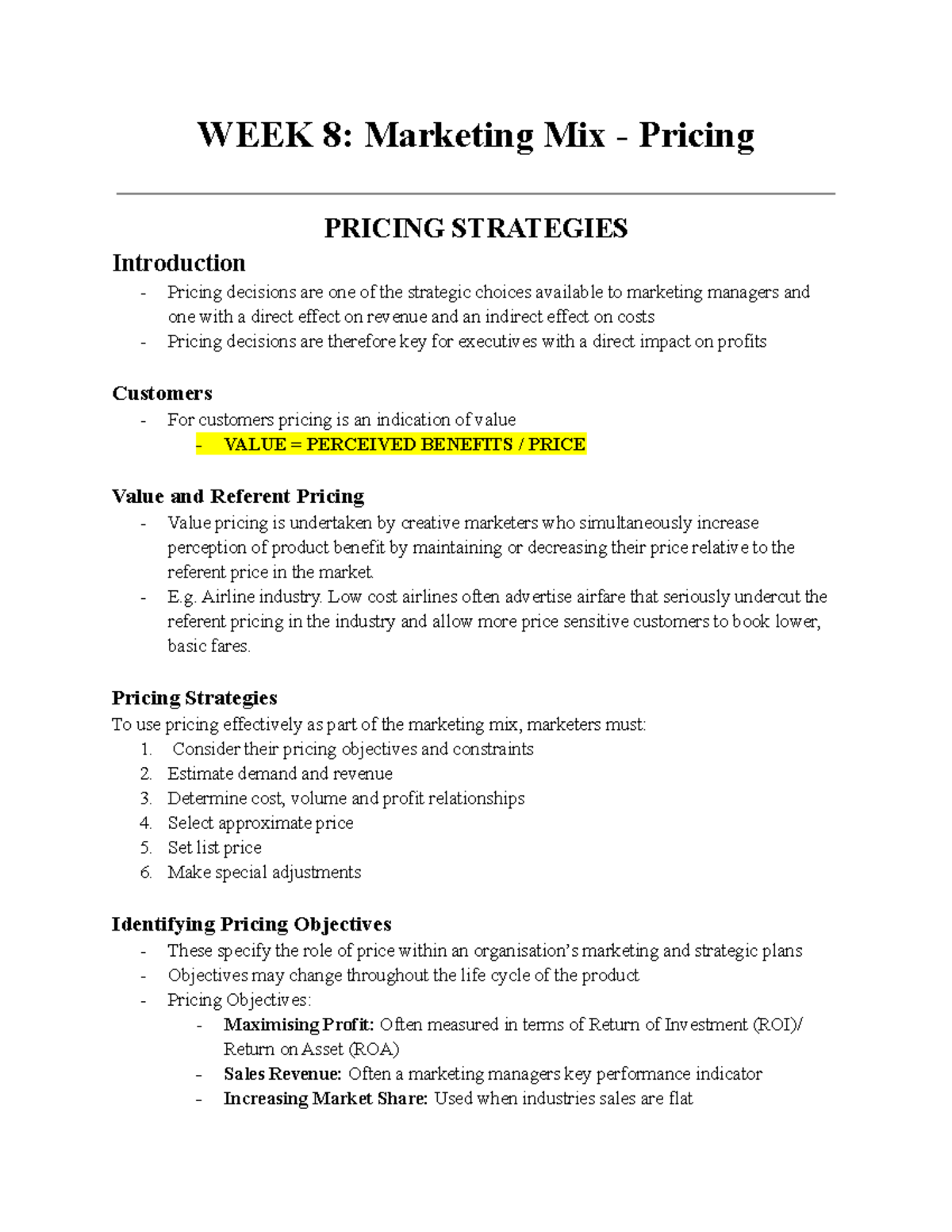 Week 8 Marketing Mix - Pricing - WEEK 8: Marketing Mix - Pricing ...