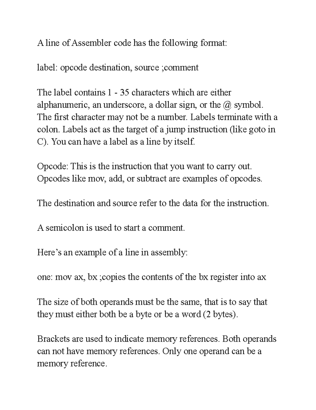 Assembler Opcodes and Directives - A line of Assembler code has the ...
