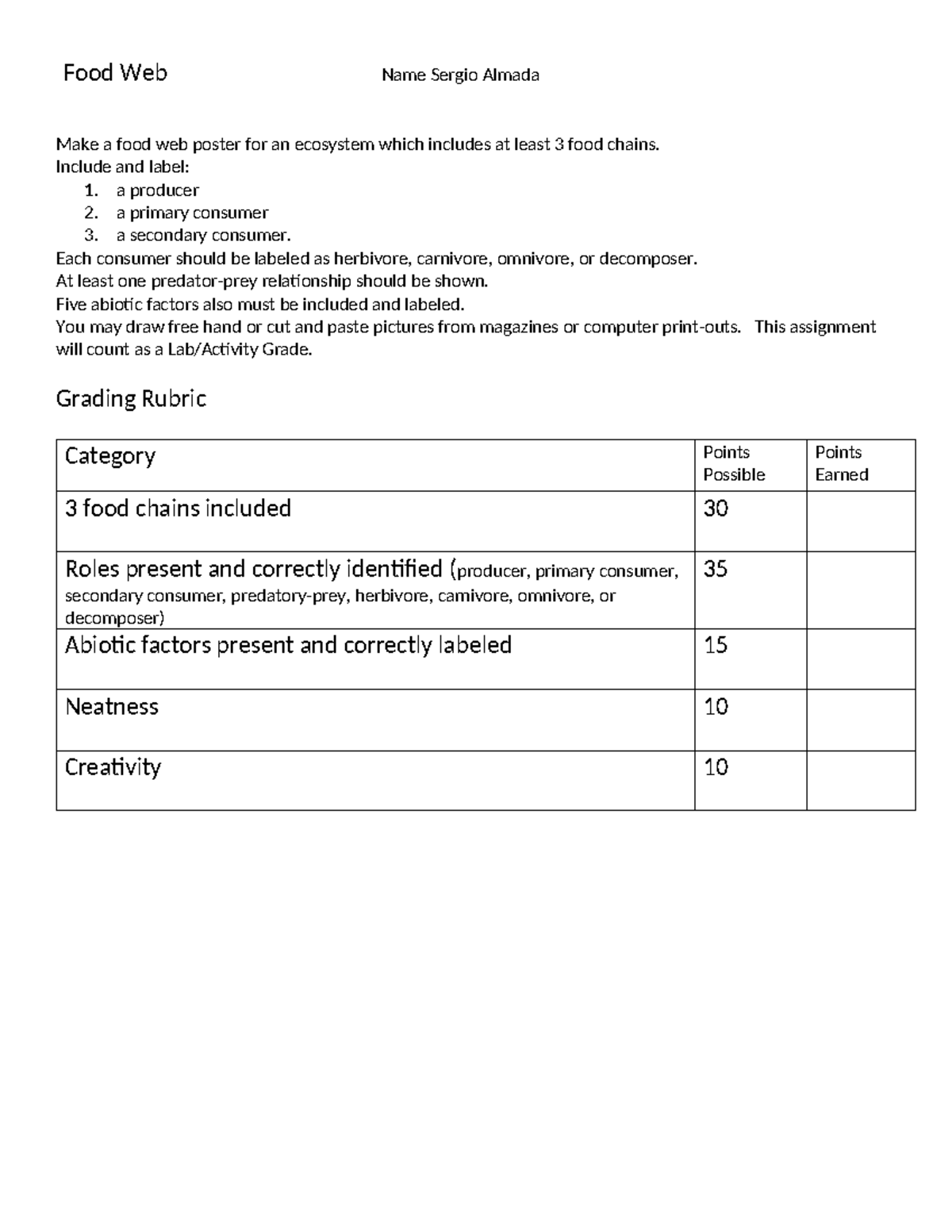 Food Web Poster - Food Web Name Sergio Almada Make a food web poster ...