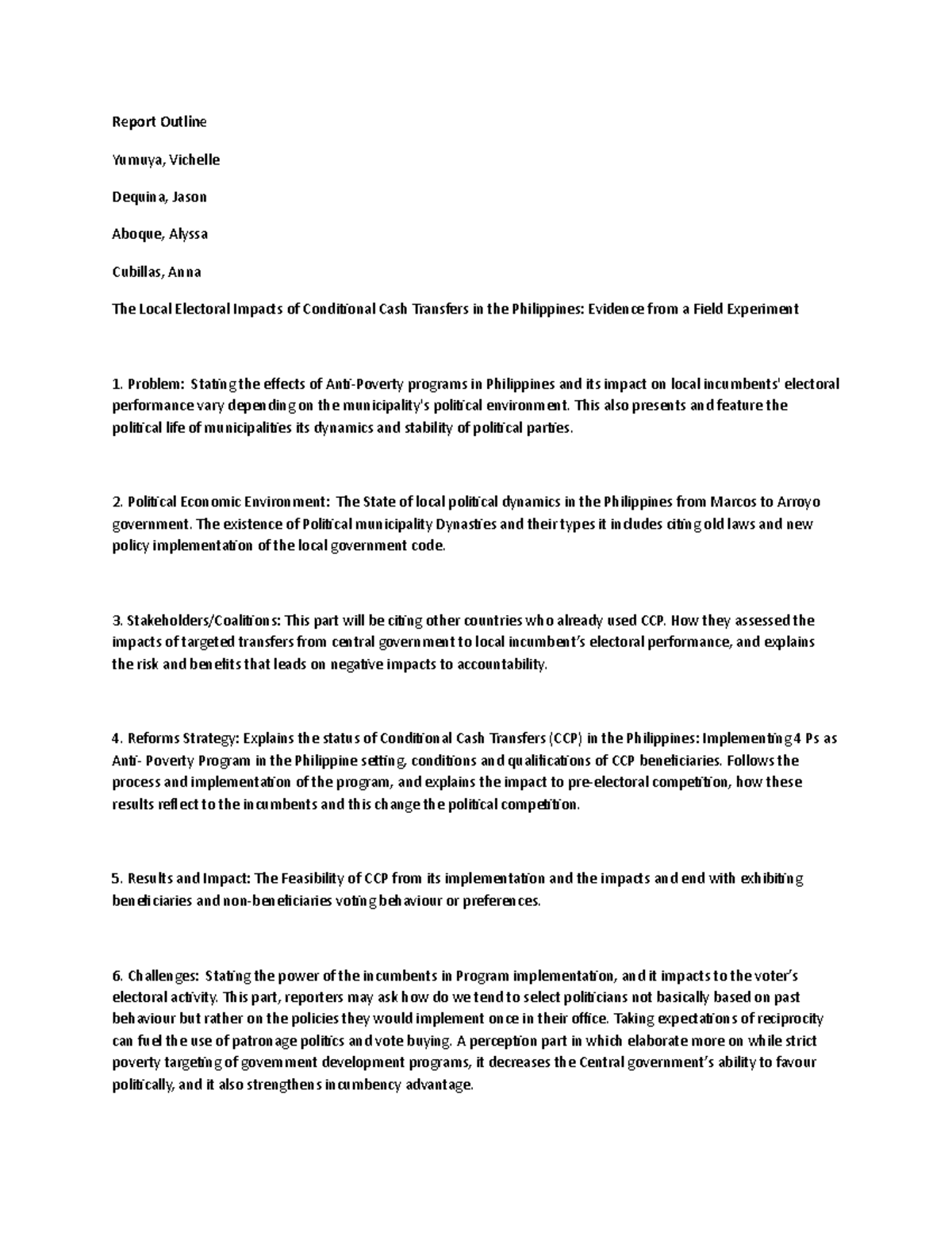 CCT Report Outline - Prof. Emy Gianan - Report Outline Yumuya, Vichelle ...