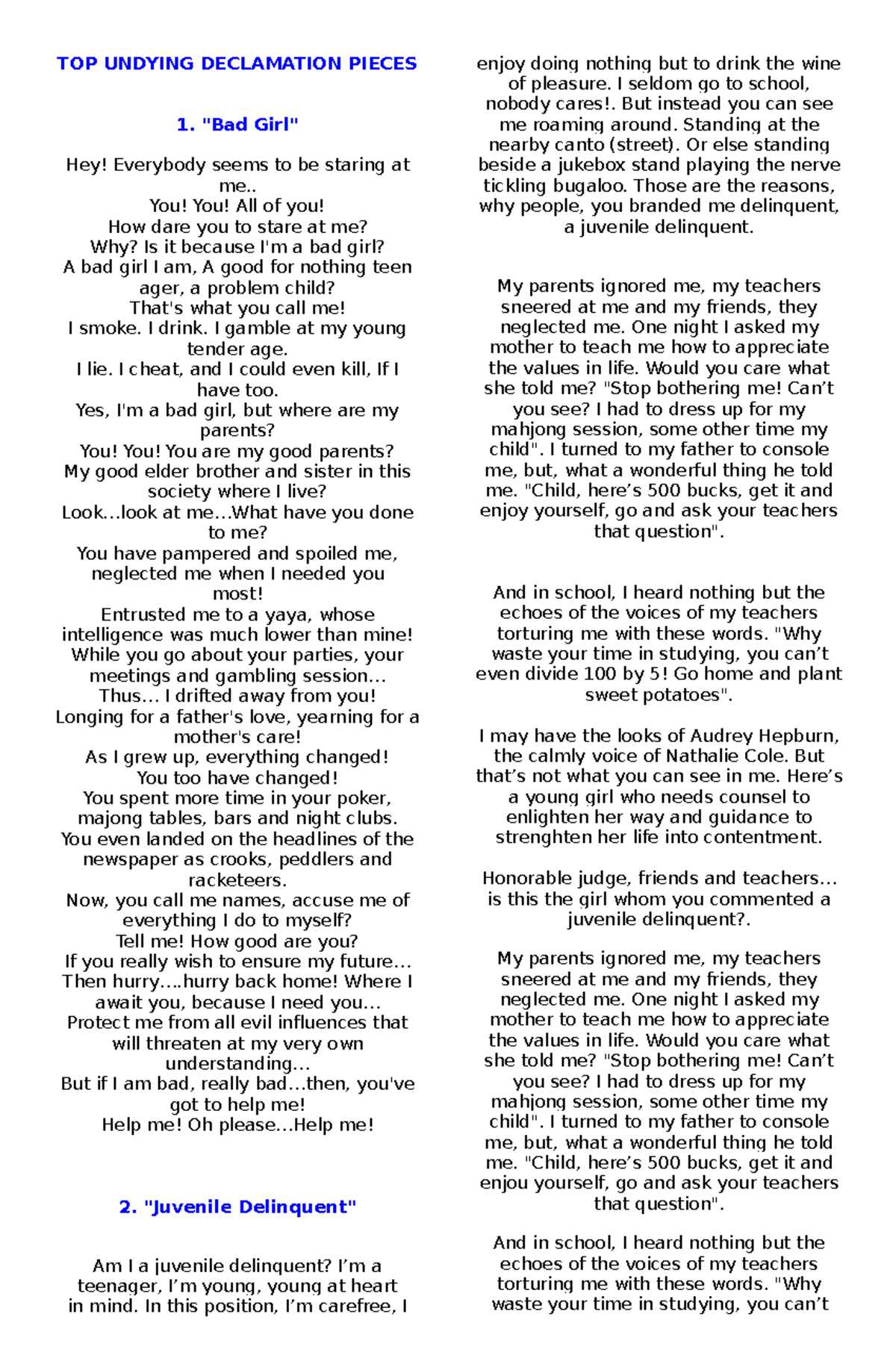 Inbound 3967614958249091584 - TOP UNDYING DECLAMATION PIECES "Bad Girl ...