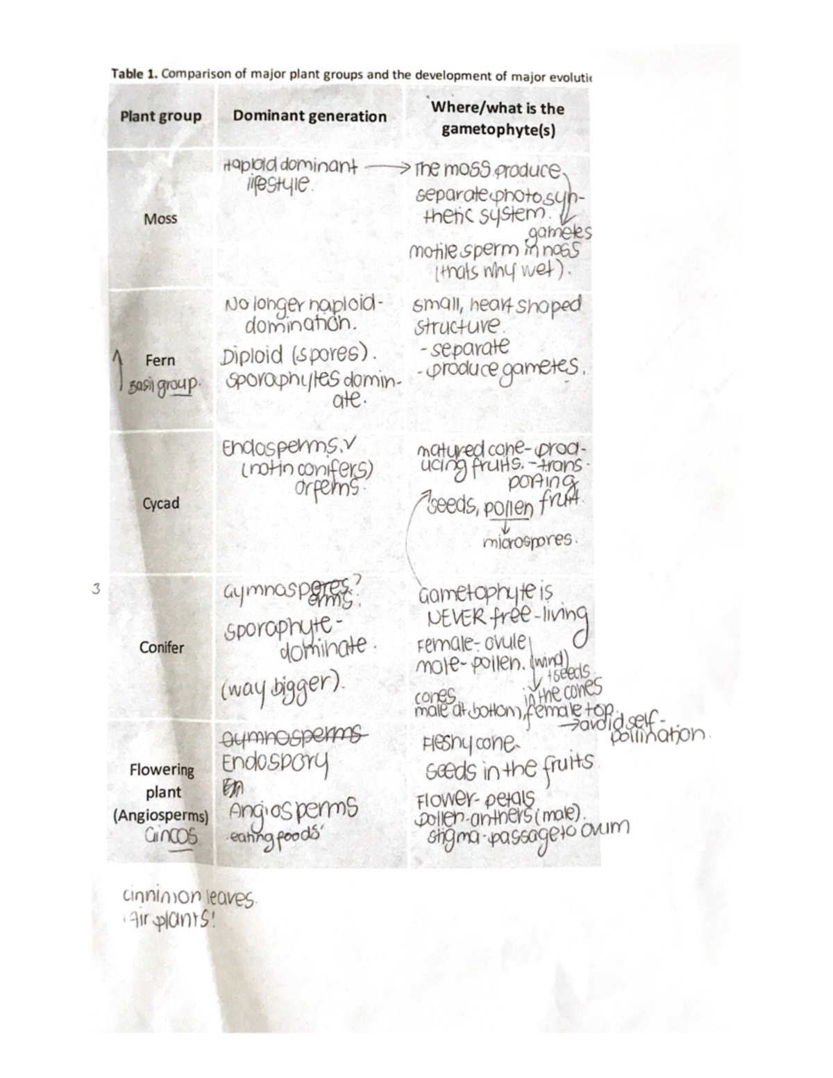 Table 1. Comparison of major plant groups and the development of major ...