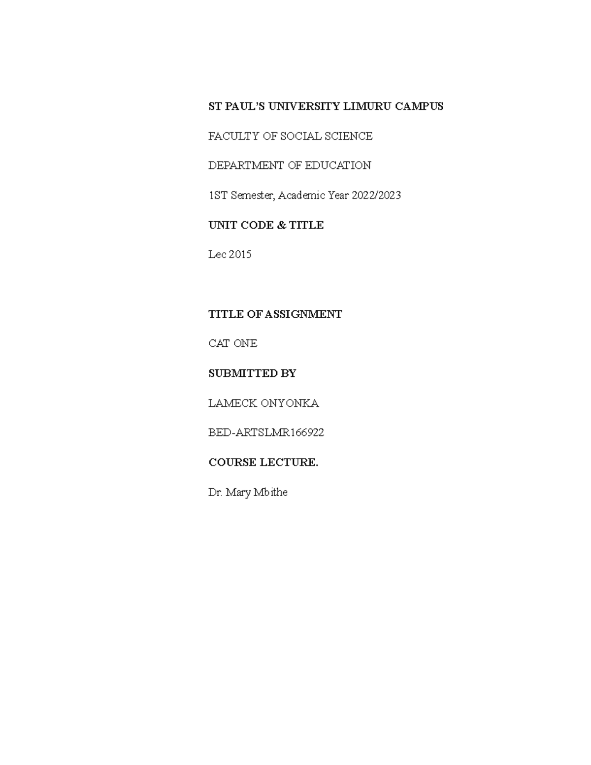 Sem 2 - Hey - ST PAUL’S UNIVERSITY LIMURU CAMPUS FACULTY OF SOCIAL ...