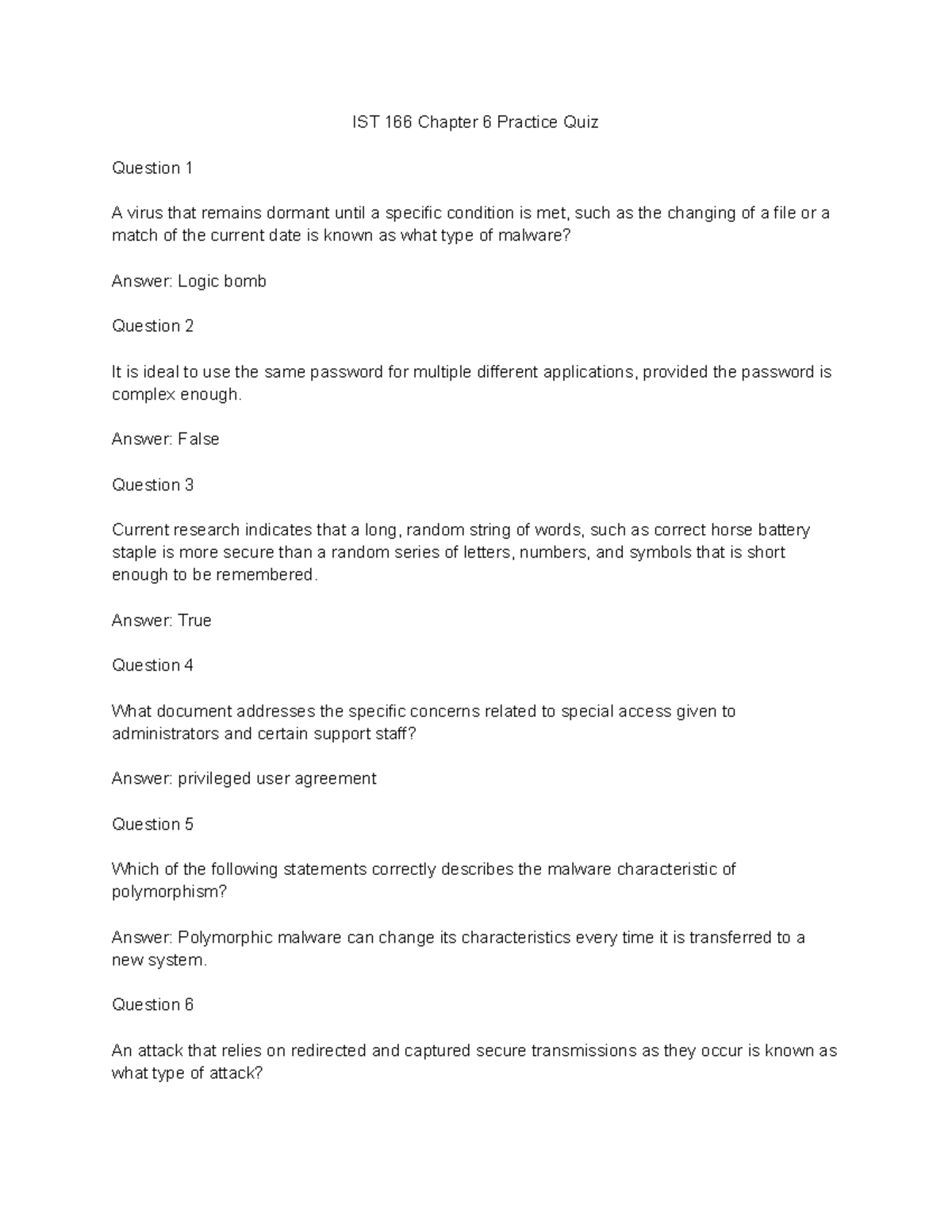 IST 166 Chapter 6 Quiz - Module 6 Practice Problems - IST 166 Chapter 6 Practice Quiz Question 1 ...