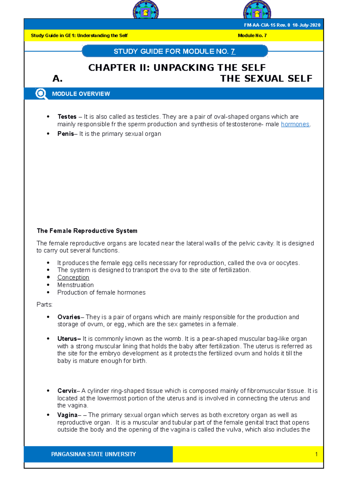 GE1 Module 7 - Sexual Self - CHAPTER II: UNPACKING THE SELF A. THE SEXUAL SELF MODULE OVERVIEW ...