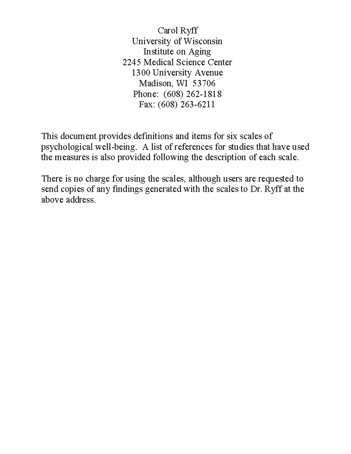 WBS scoring information and key - Carol Ryff University of Wisconsin ...