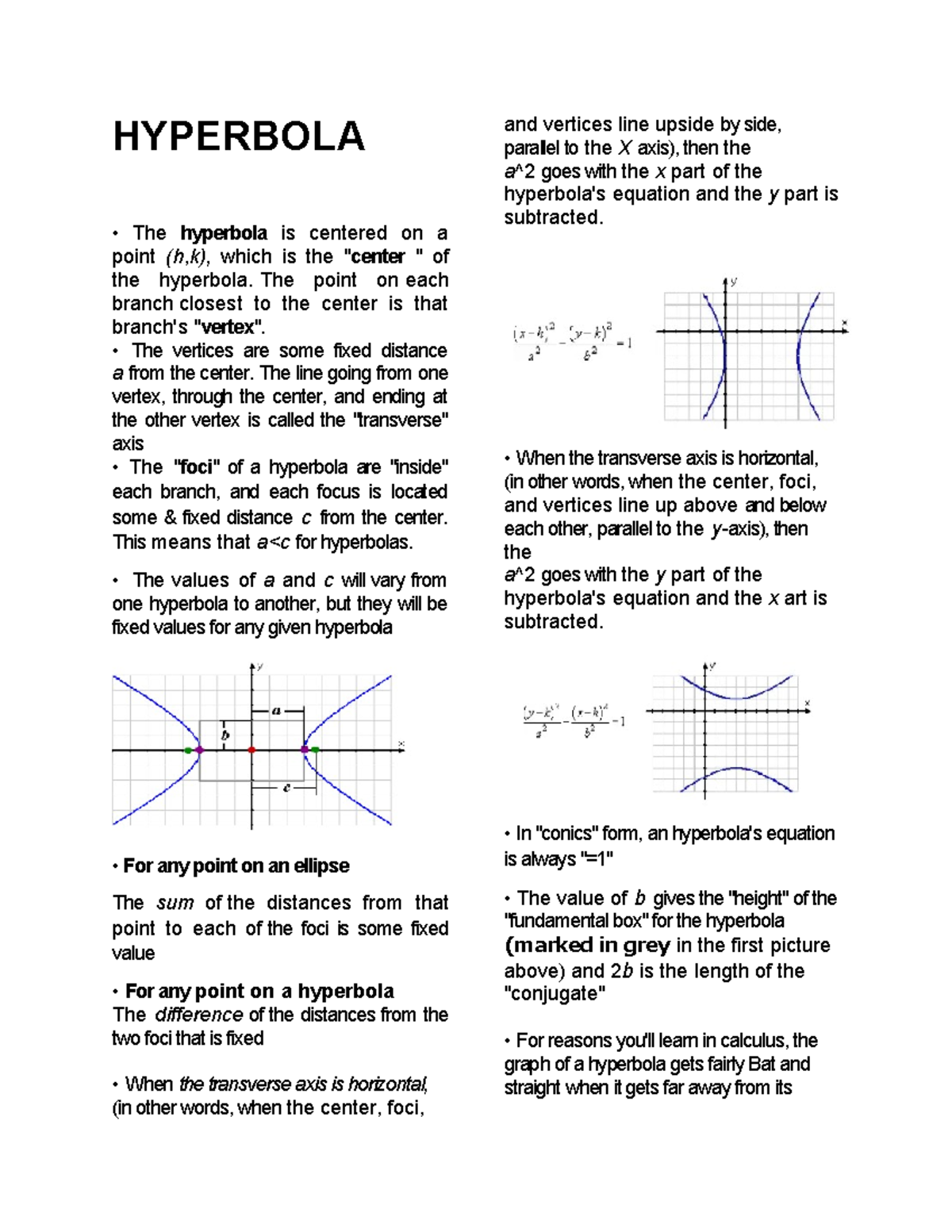 Hyperbola - HYPERBOLA The hyperbola is centered on a point (h,k), which ...