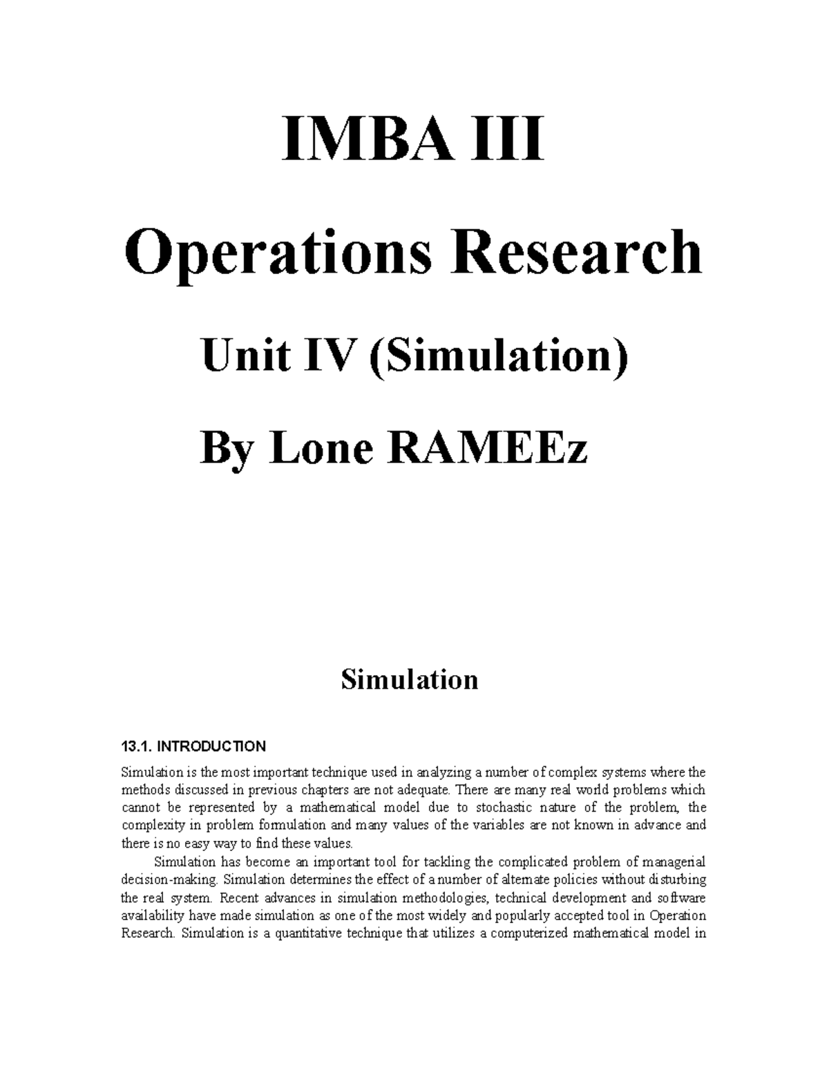 Simultation in operation research - IMBA III Operations Research Unit ...