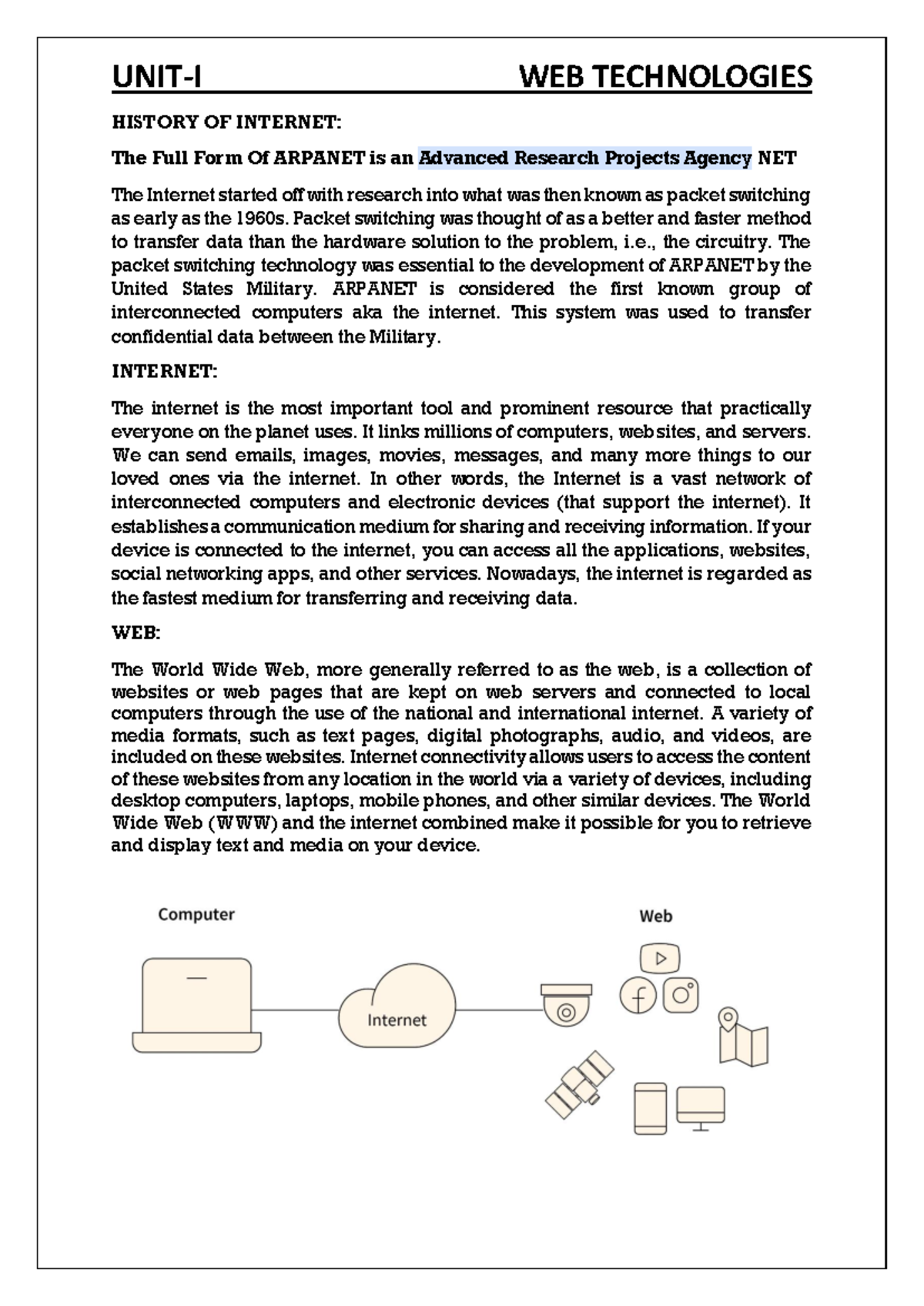 WT UNIT-1 - web - HISTORY OF INTERNET: The Full Form Of ARPANET is an Advanced Research Projects ...