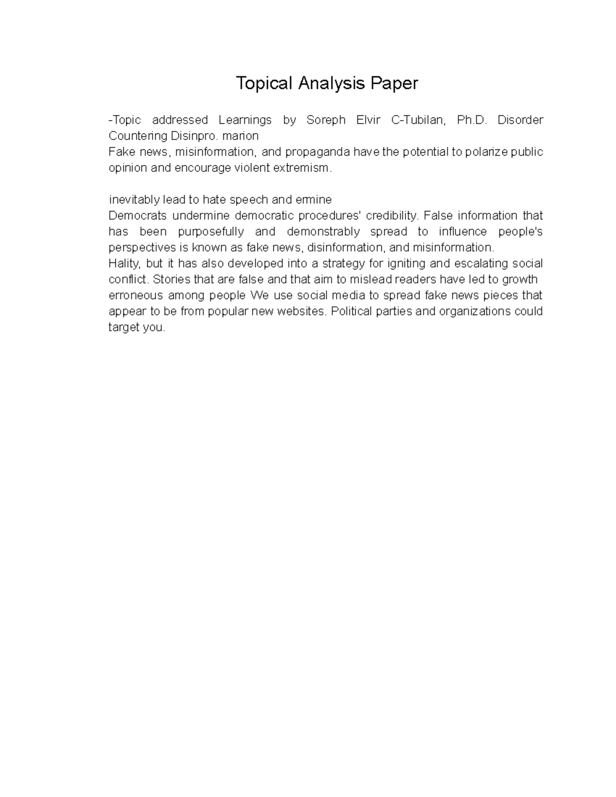 Reflection paper - team - Topical Analysis Paper -Topic addressed ...