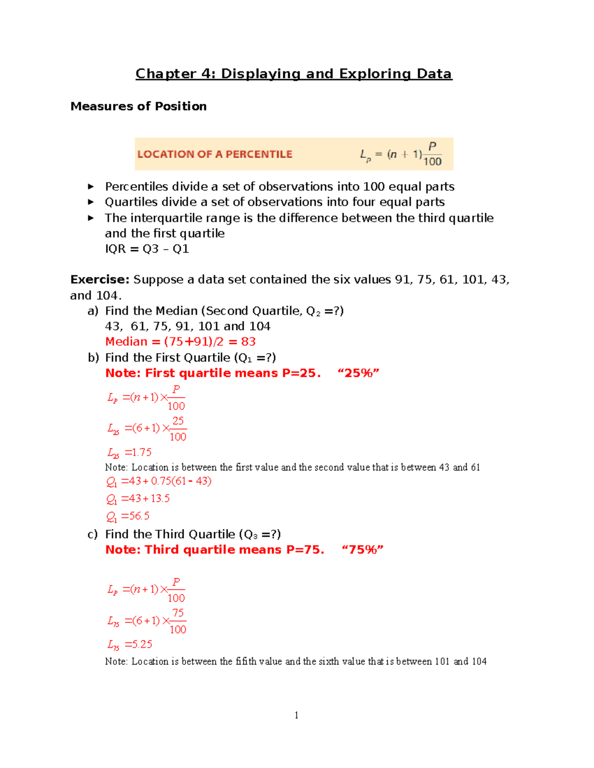 BUSS 208-Chapter 4 - Solution - Chapter 4: Displaying and Exploring Data Measures of Position ...