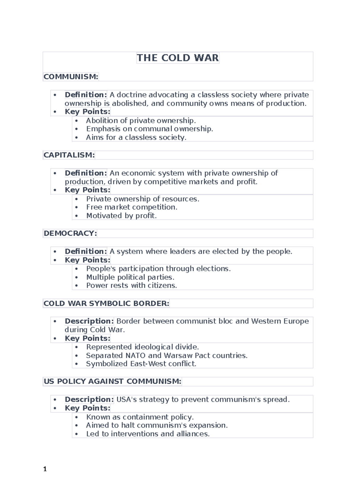 HIST Paper 1 Notes - Cold war - THE COLD WAR COMMUNISM: Definition: A ...