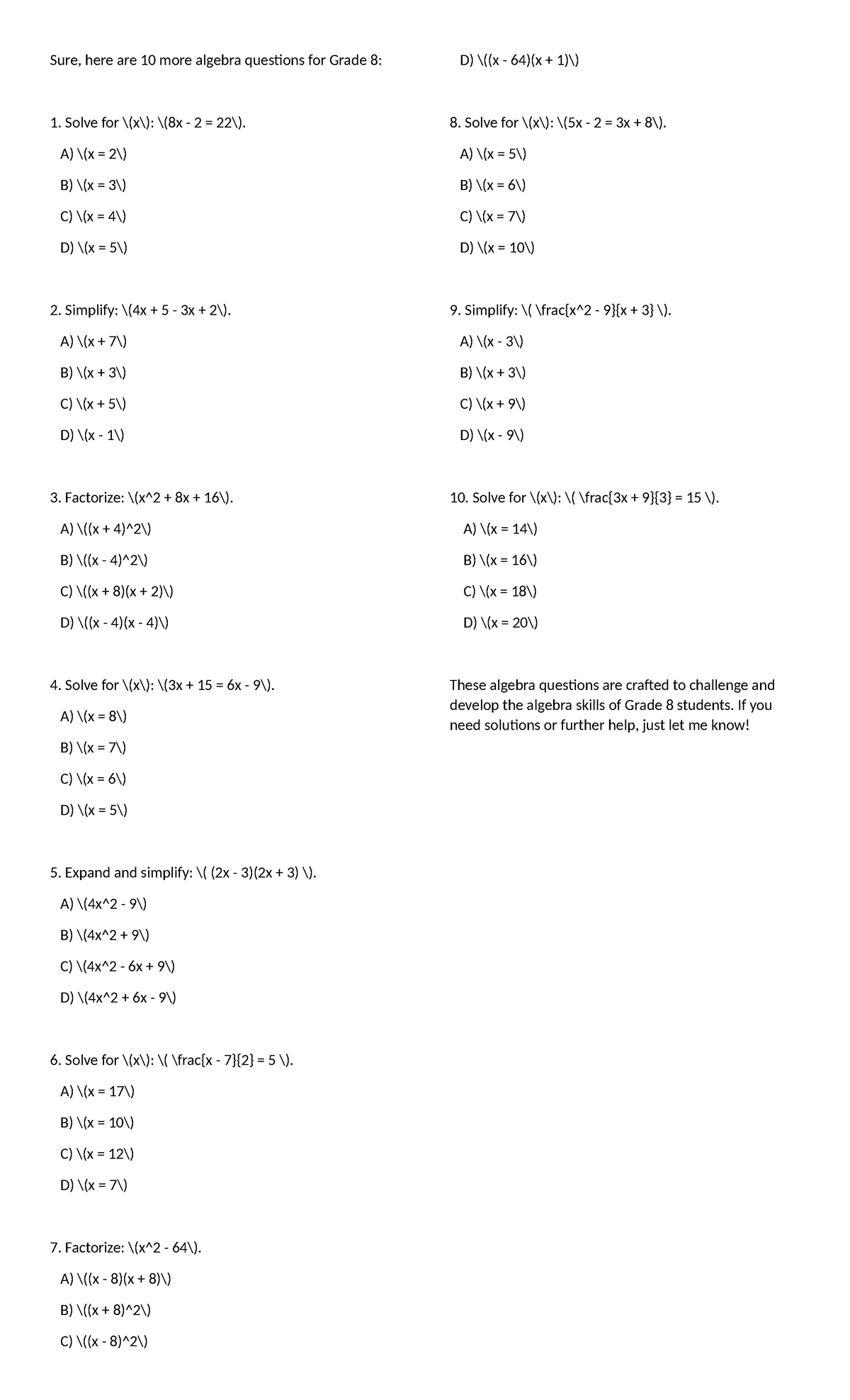 Chemistry - These algebra questions should help strengthen problem ...