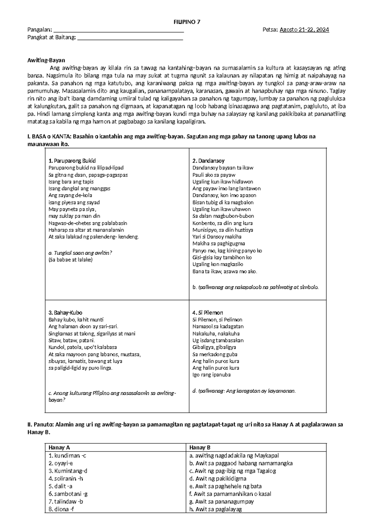 AUG 21-22 ACT. Filipino 7 - FILIPINO 7 Pangalan