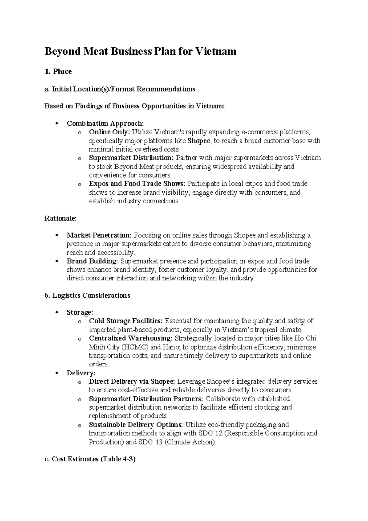 Beyond Meat Business Plan for Vietnam - Place a. Initial Location(s ...