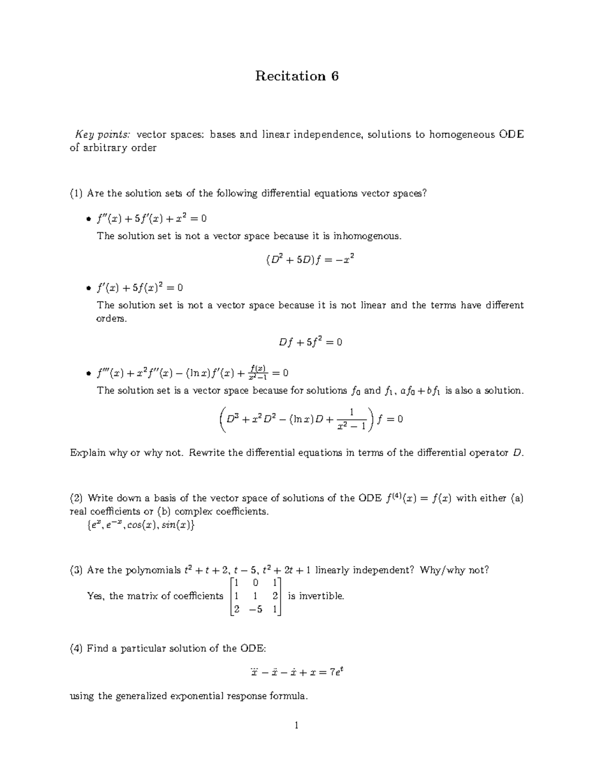 Solution Recitation 6 - Recitation 6 Key points: vector spaces: bases ...