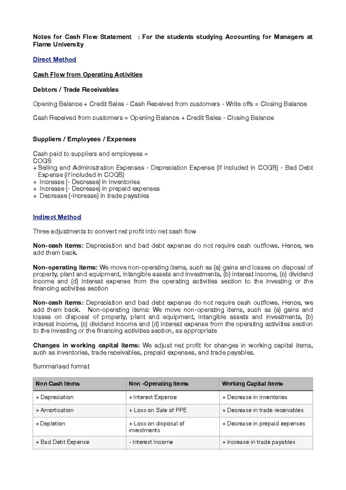 2. Notes - Cash Flow Statement and Problems - Notes for Cash Flow ...