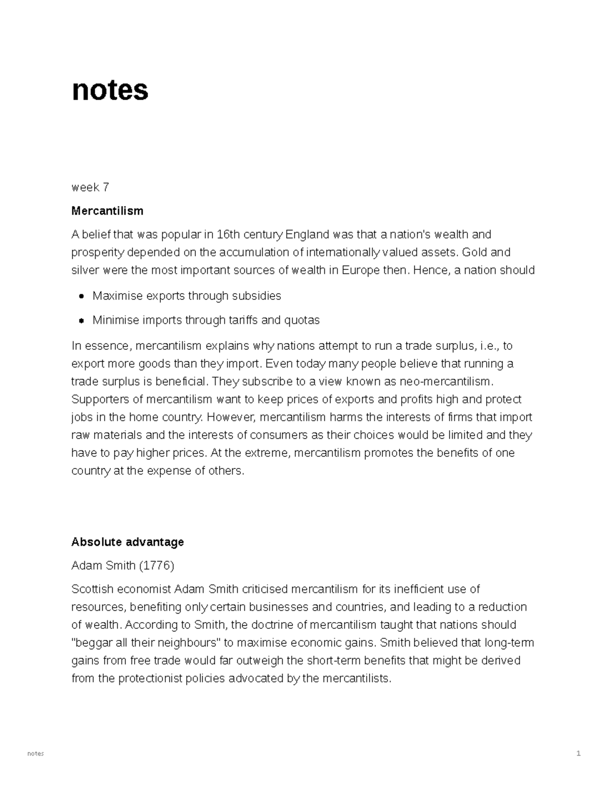 Ibus 1101 week 7 module notes - notes week 7 Mercantilism A belief that ...