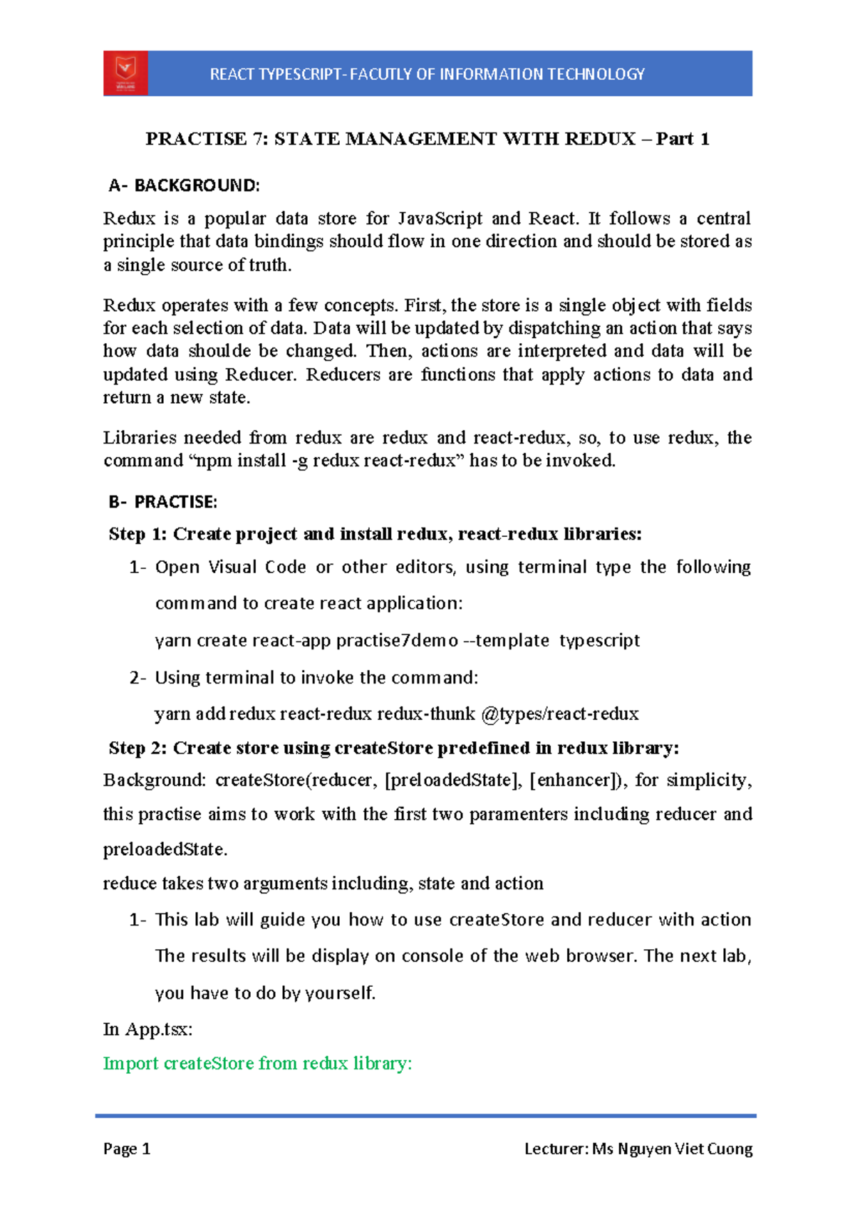 Practise 7 Lập Trình Web Page 1 Lecturer Ms Nguyen Viet Cuong React Typescript Facutly Of