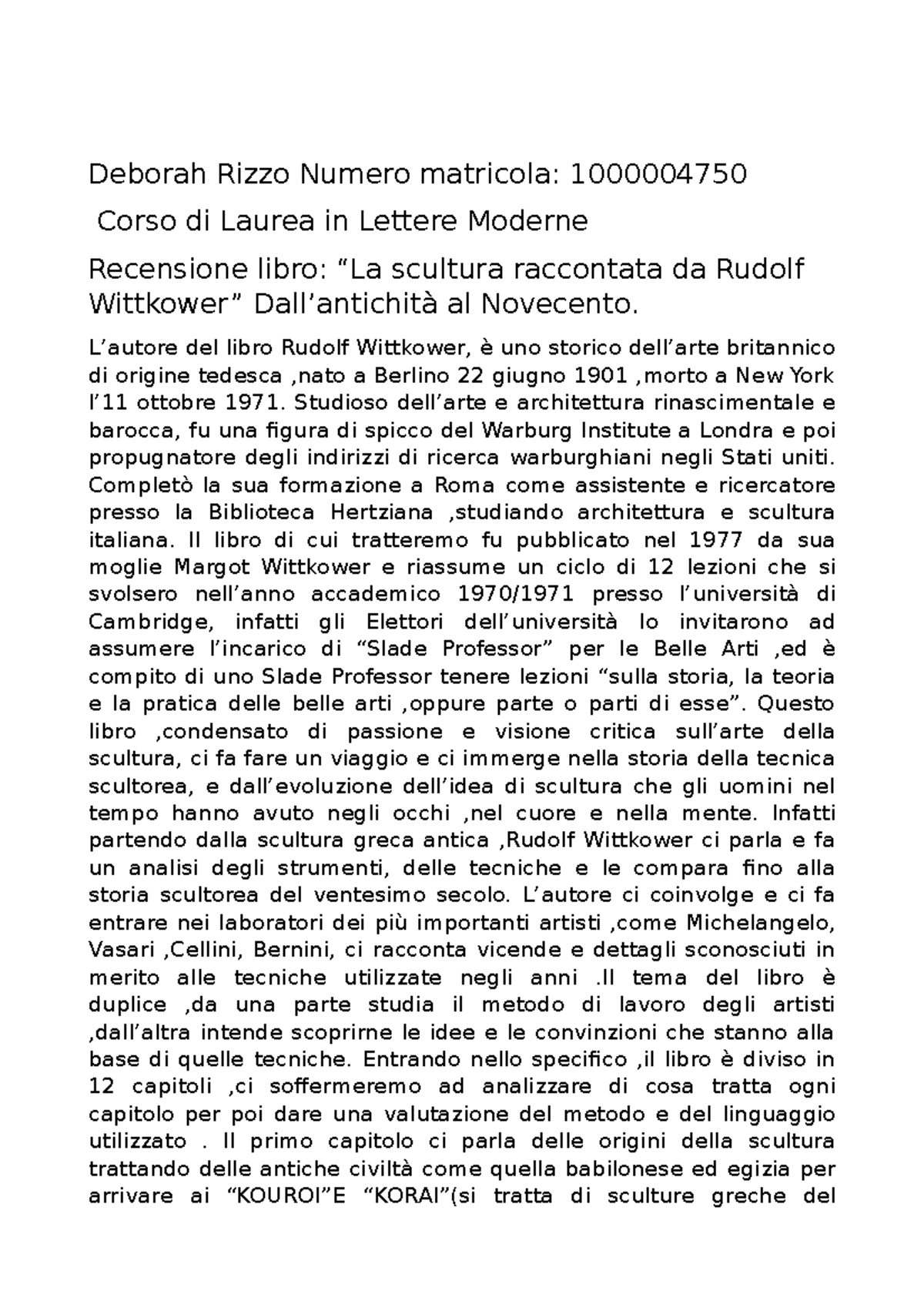 Elaborato di Storia dell'arte -Wittkower - Deborah Rizzo Numero ...