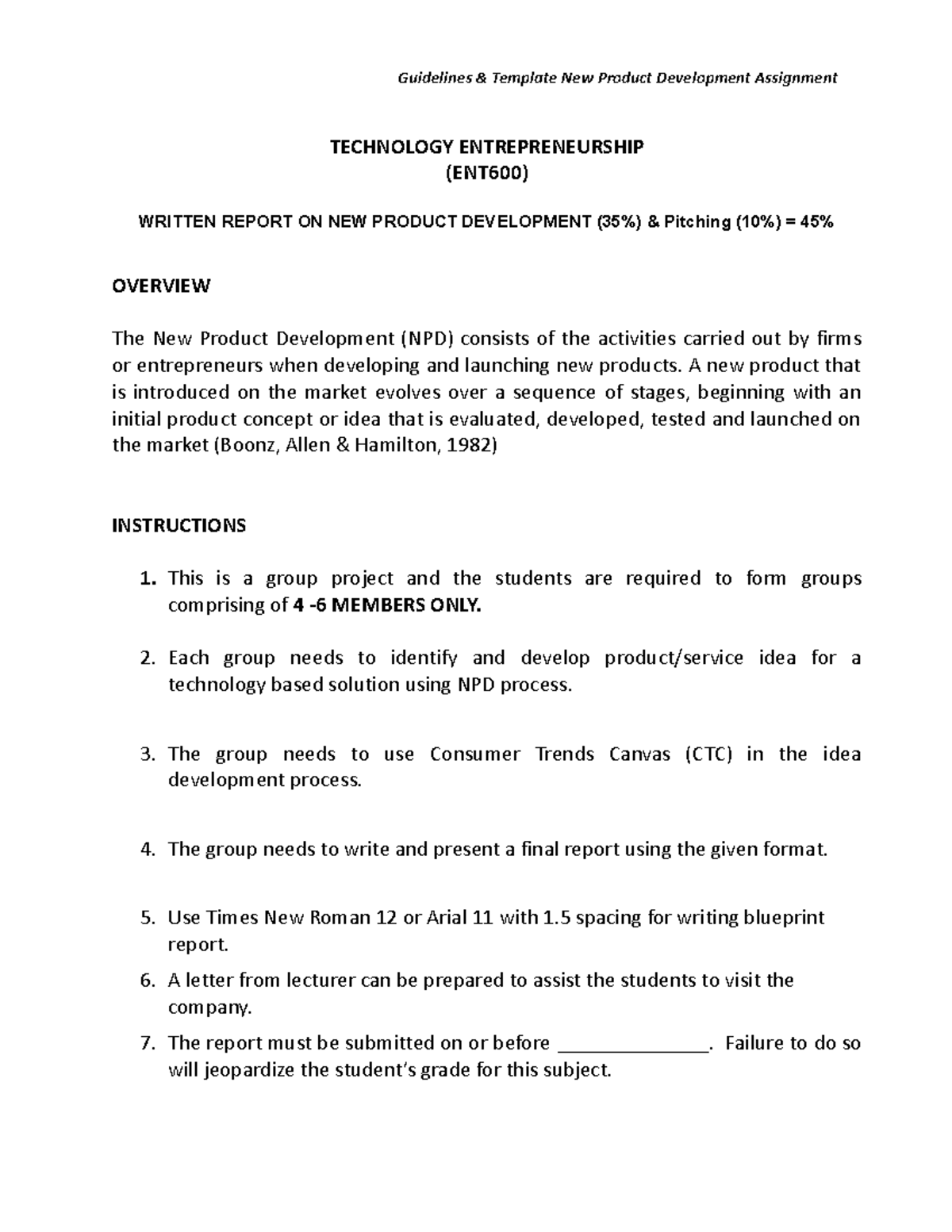 ENT600 2. NPD Guidelines & Template - TECHNOLOGY ENTREPRENEURSHIP ...