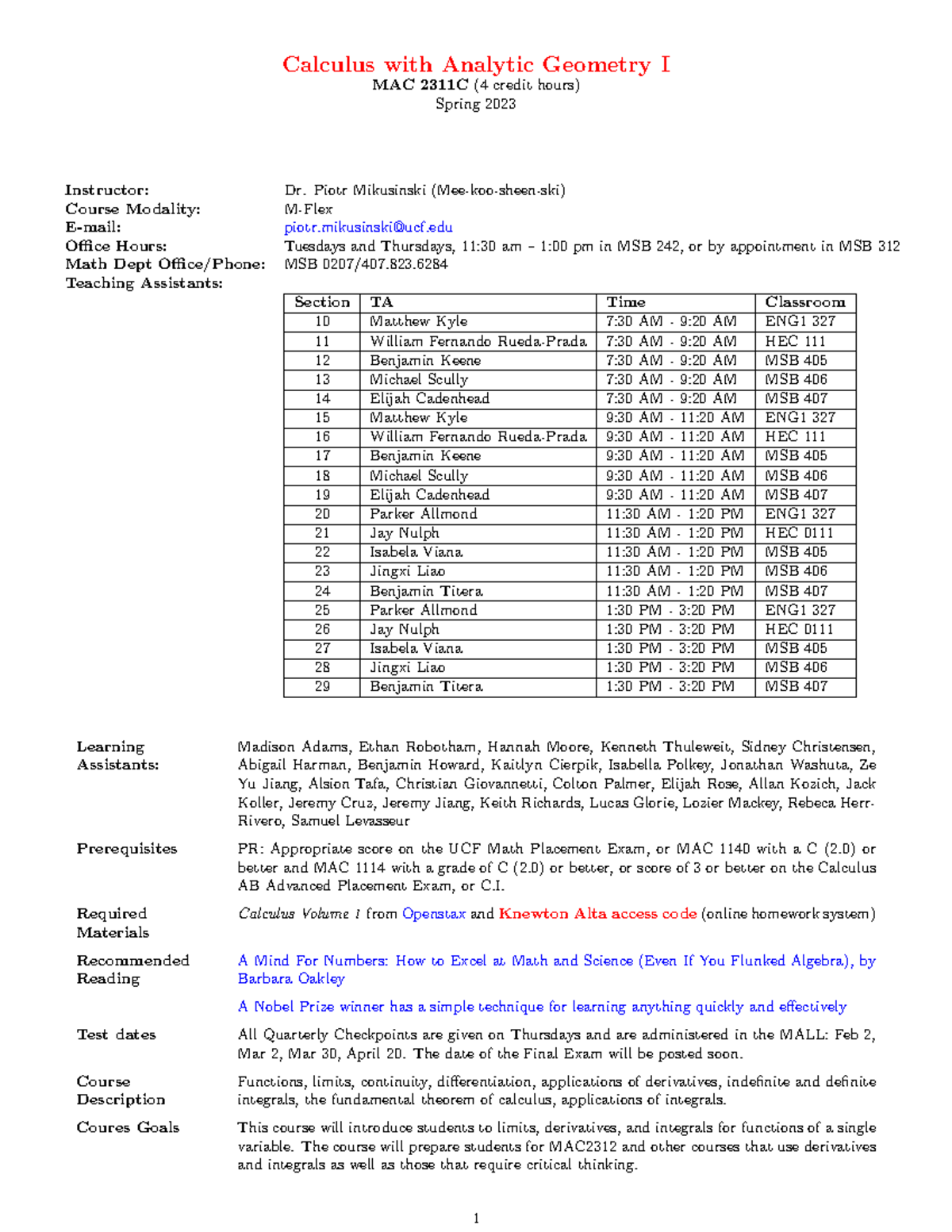 MAC 2311 S23 Mikusinski - Calculus with Analytic Geometry I MAC 2311C ...