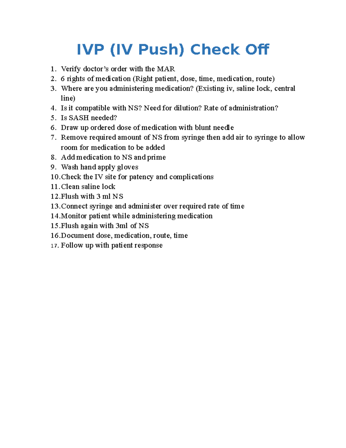 IVP - vcxvxc - IVP (IV Push) Check Of Verify doctor’s order with the ...