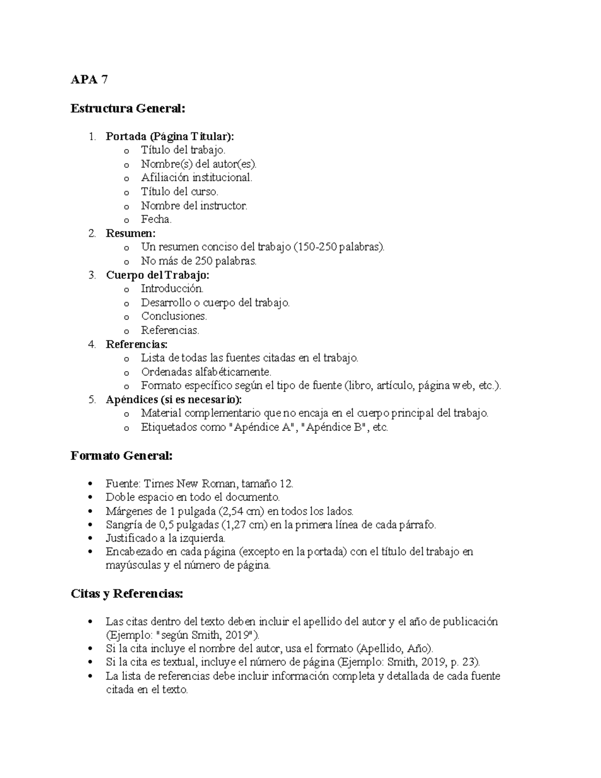 APA 7 - APA 7 Estructura General: 1. Portada (Página Titular): o Título ...