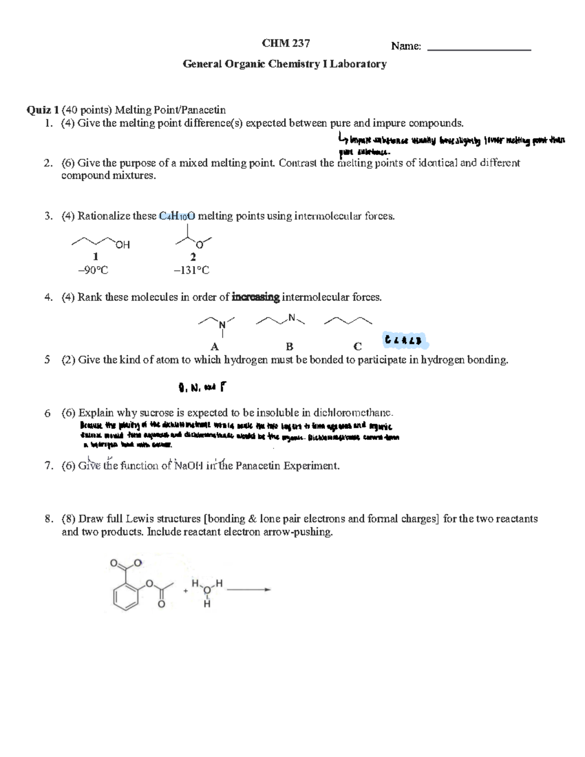 Quiz 1 - Quiz 1 hw - CHM237 Name: __ General Organic Chemistry I ...